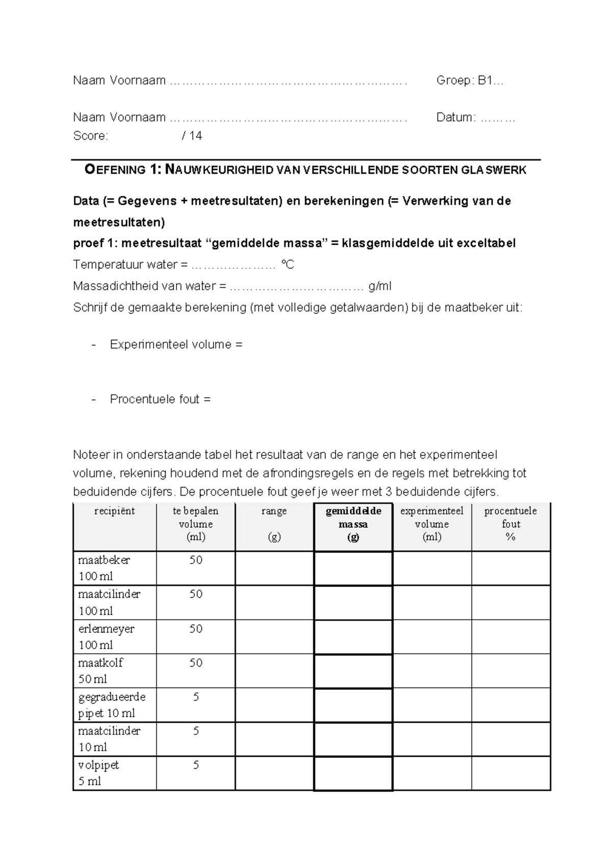 Practicum 1: Nauwkeurigheid van Glaswerk - Oefening en Resultaten - Studocu