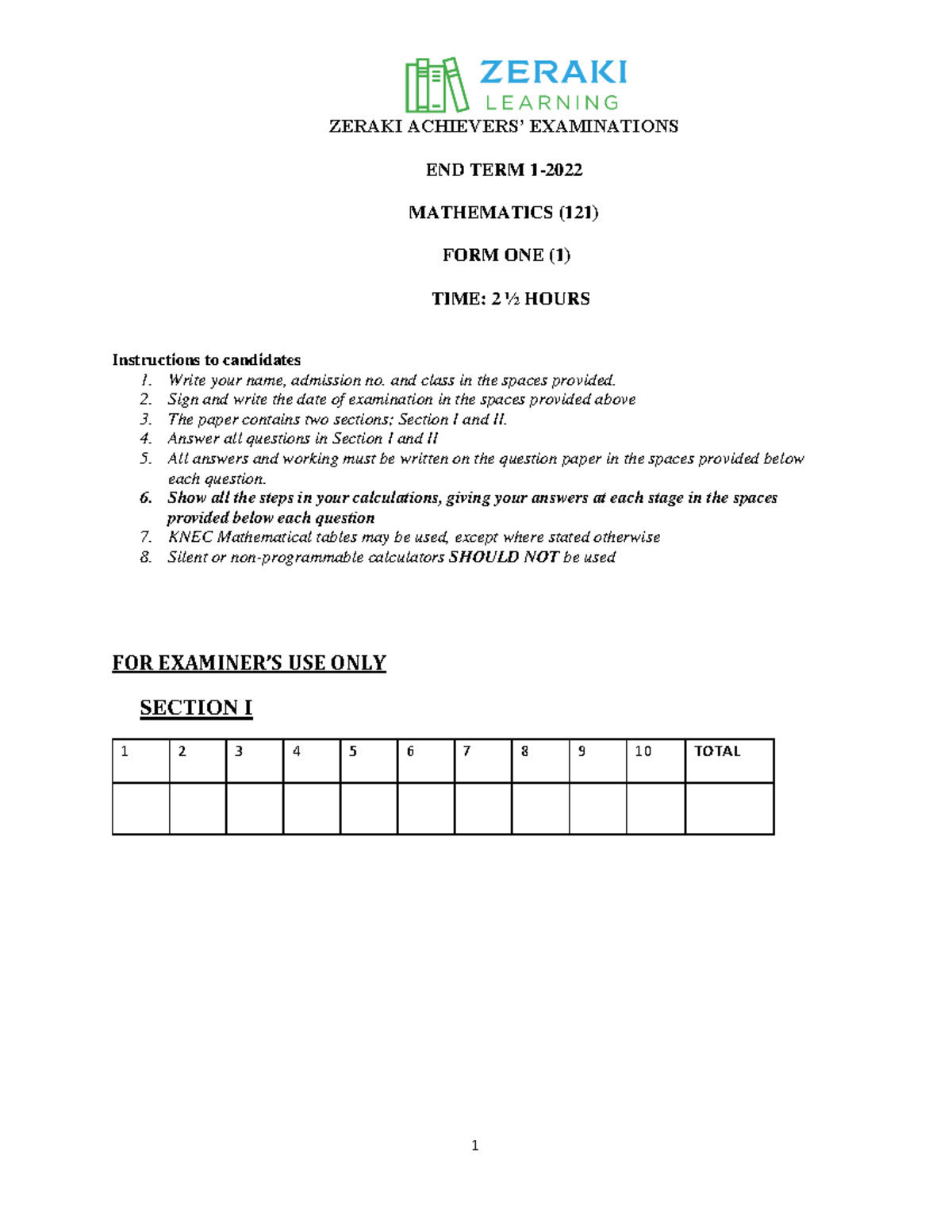 Mathematics (121) Form 1 - End Term 1 Examination Question Paper - Studocu