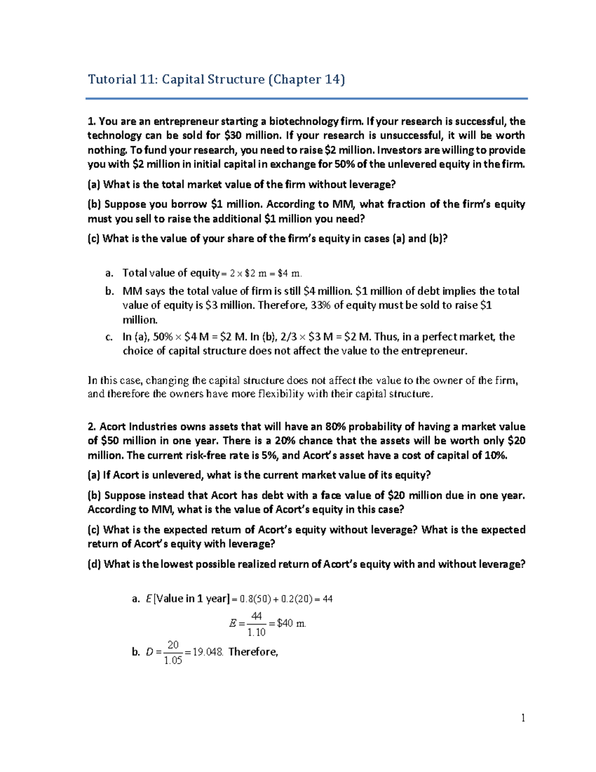 T11 Capital Structure Solution - Tutorial 11: Capital Structure ...