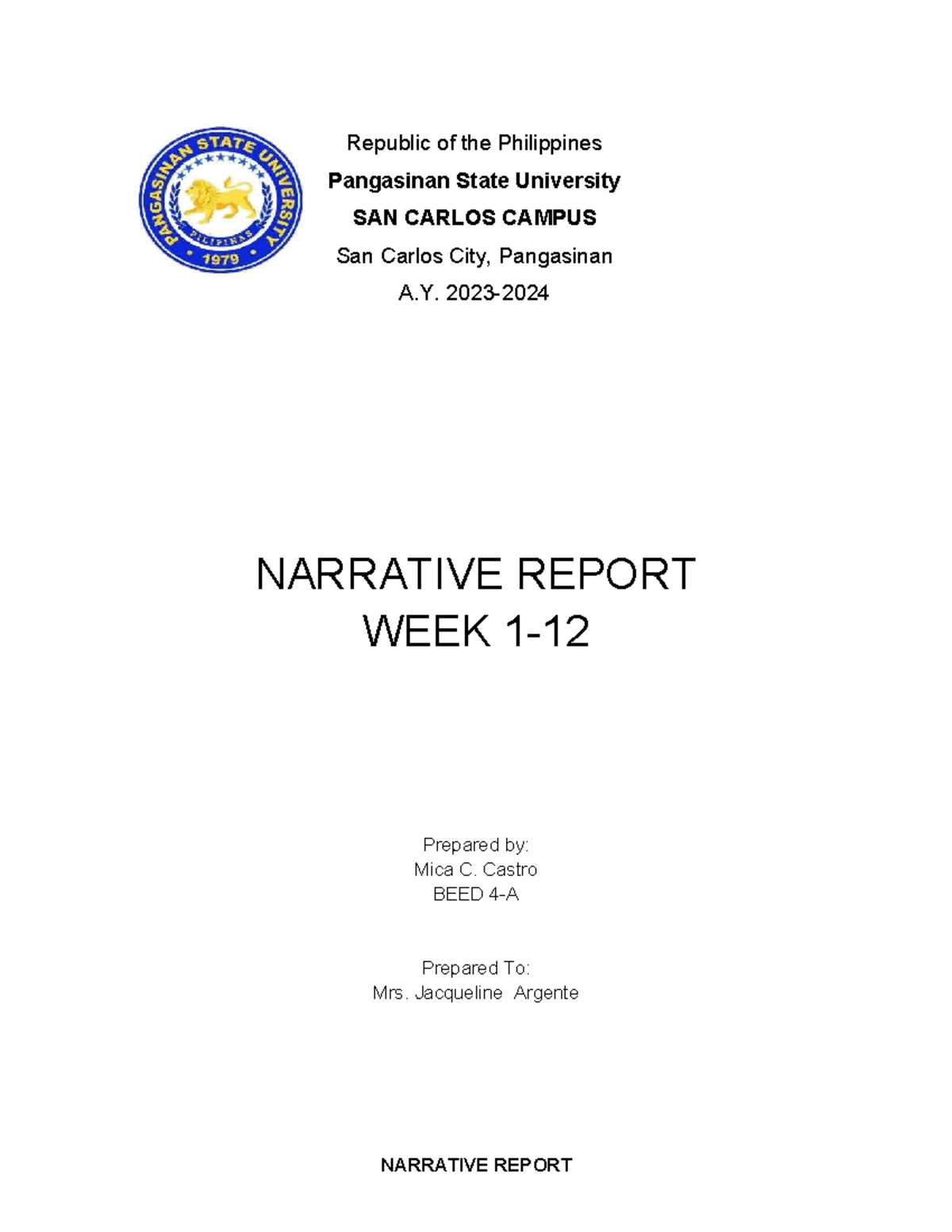 Narrative Report on Teaching Internship (BEED) - Weeks 1 to 11 - Studocu