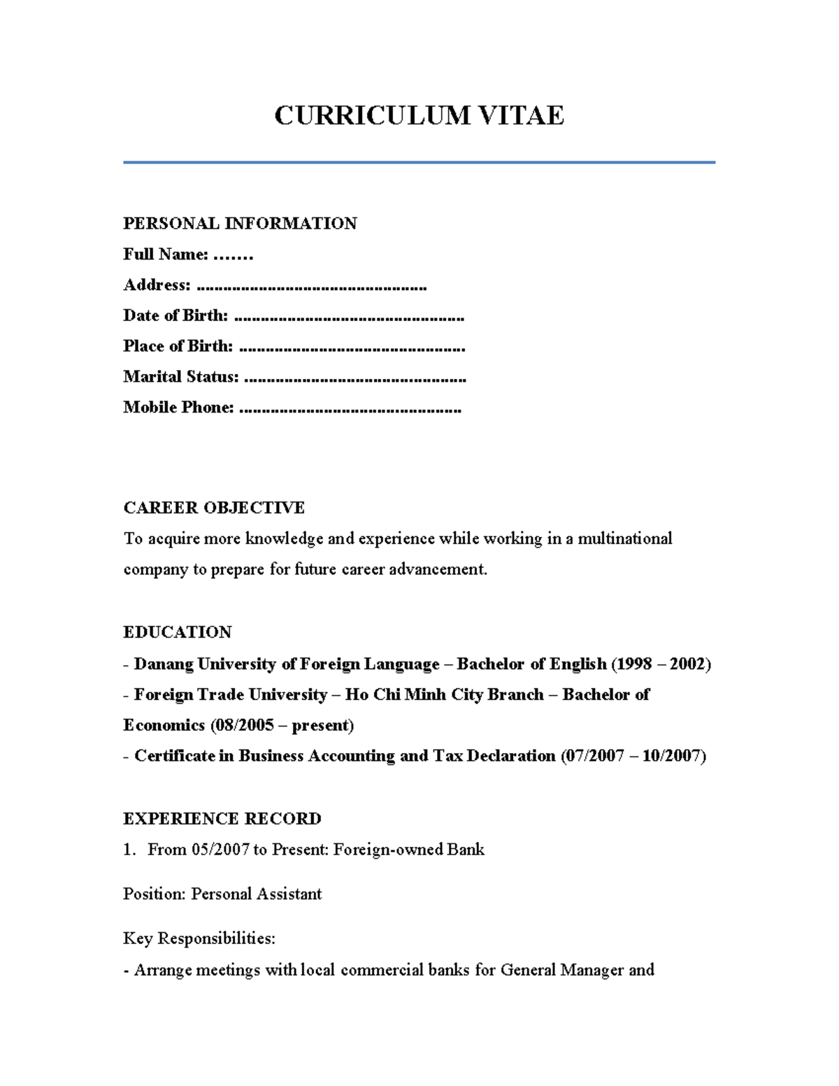 CV in English: Personal Information and Career Overview - Studocu