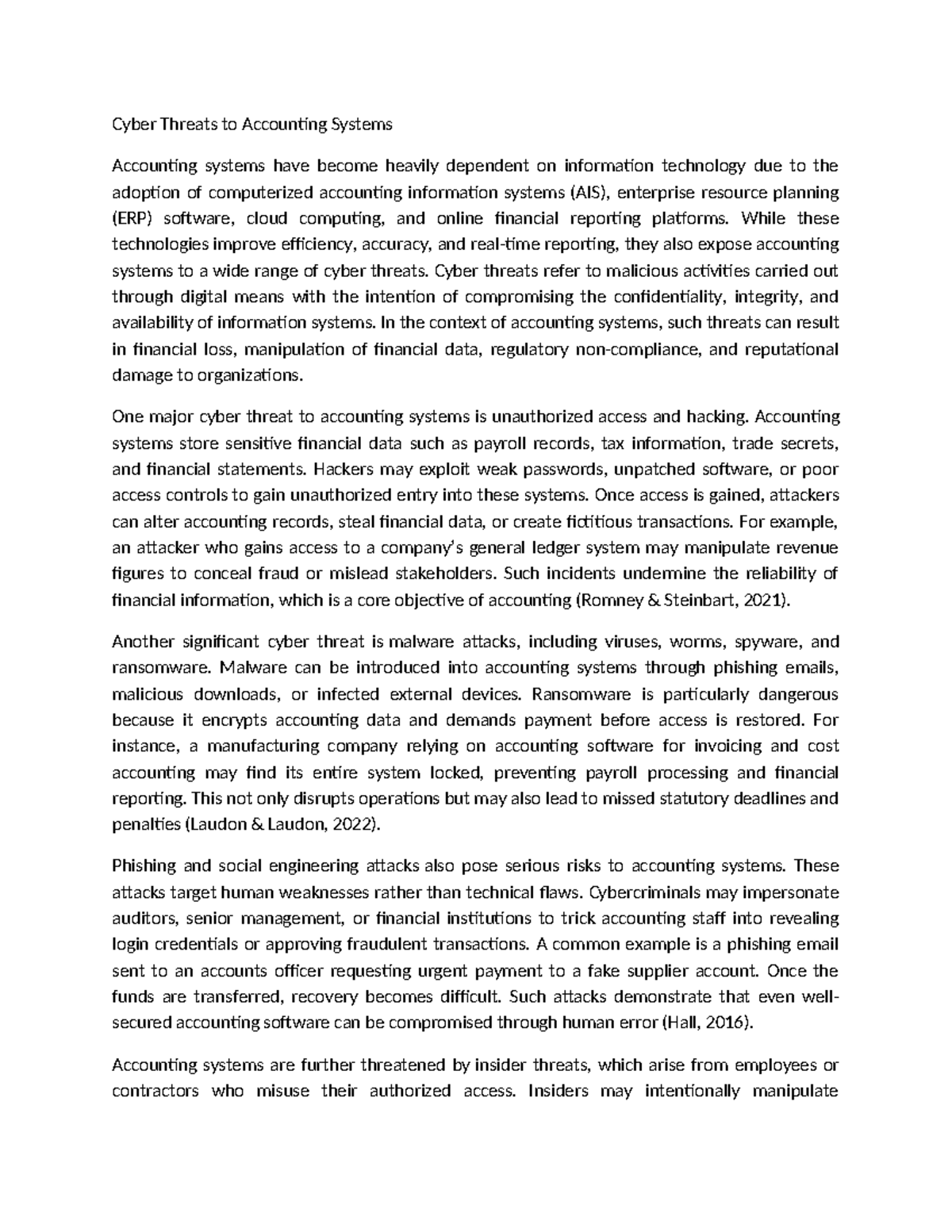 Cyber Threats to Accounting Systems: Risks and Mitigation Strategies 12 ...