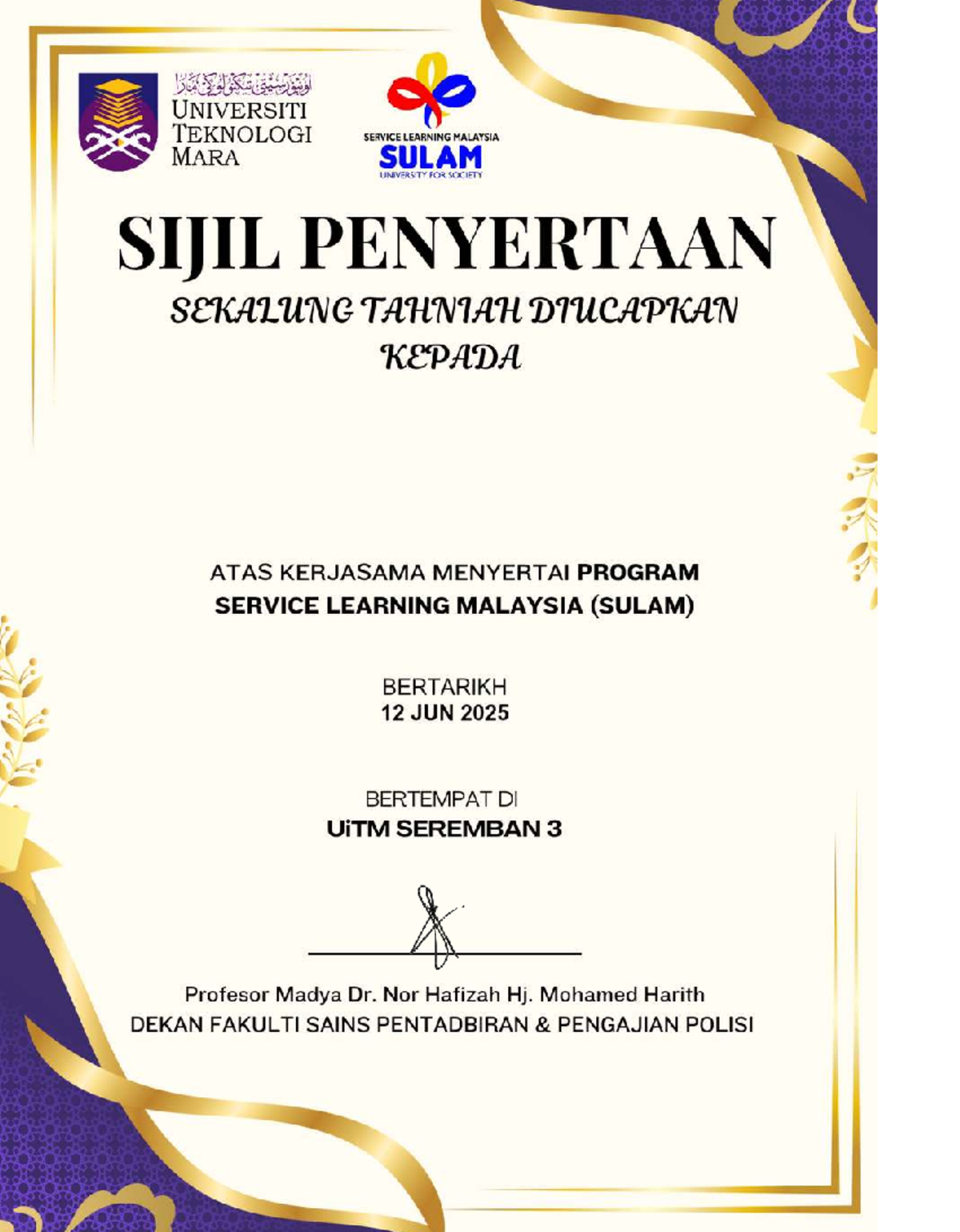 SULAM Program Participation Certificate - UiTM Seremban 3 - Studocu