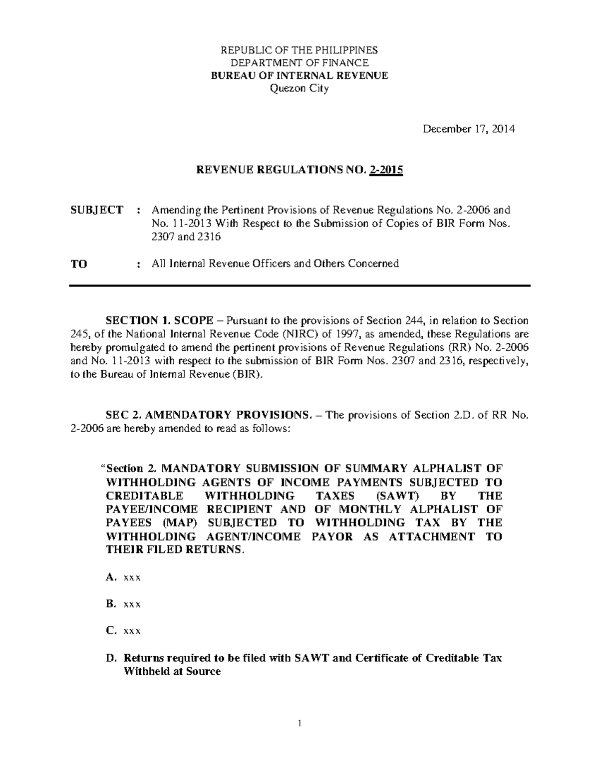 RR No 2-2015 bir compliance - REPUBLIC OF THE PHILIPPINES DEPARTMENT OF ...