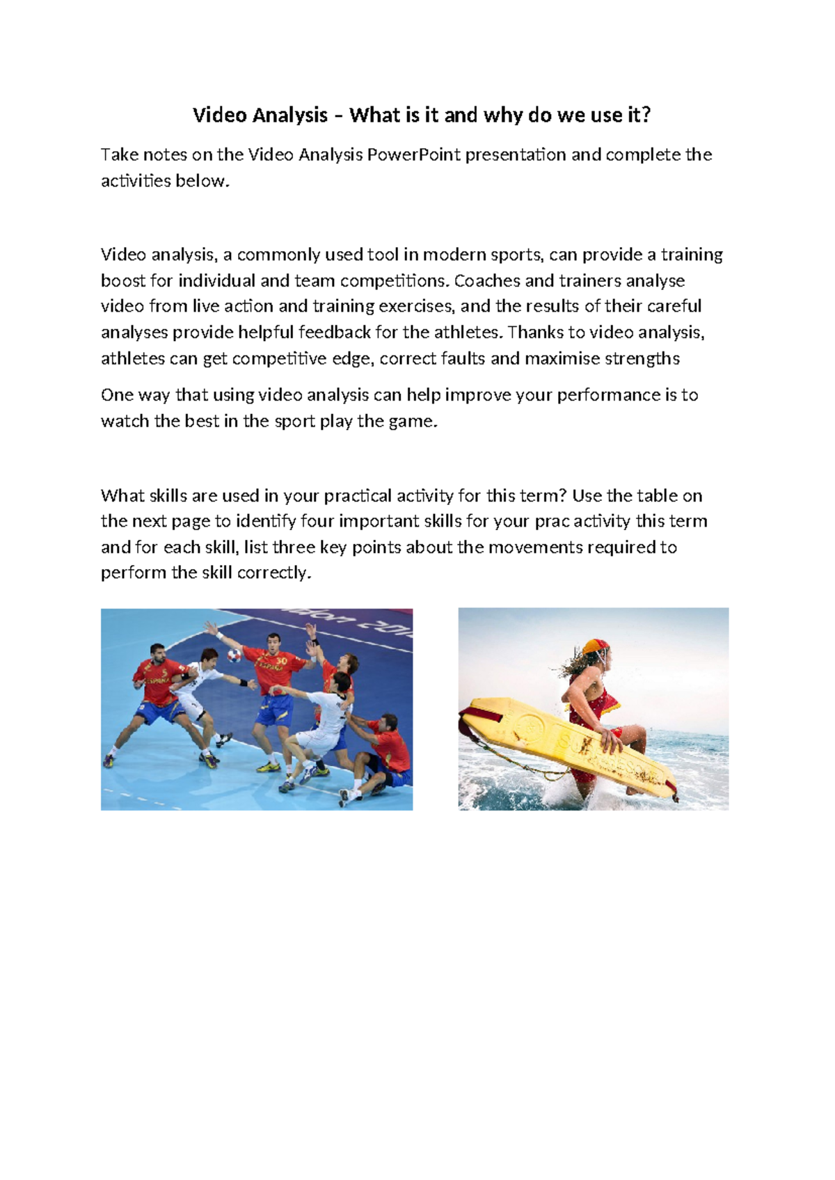 Sports Video Analysis Worksheet - Key Skills & Techniques - Studocu