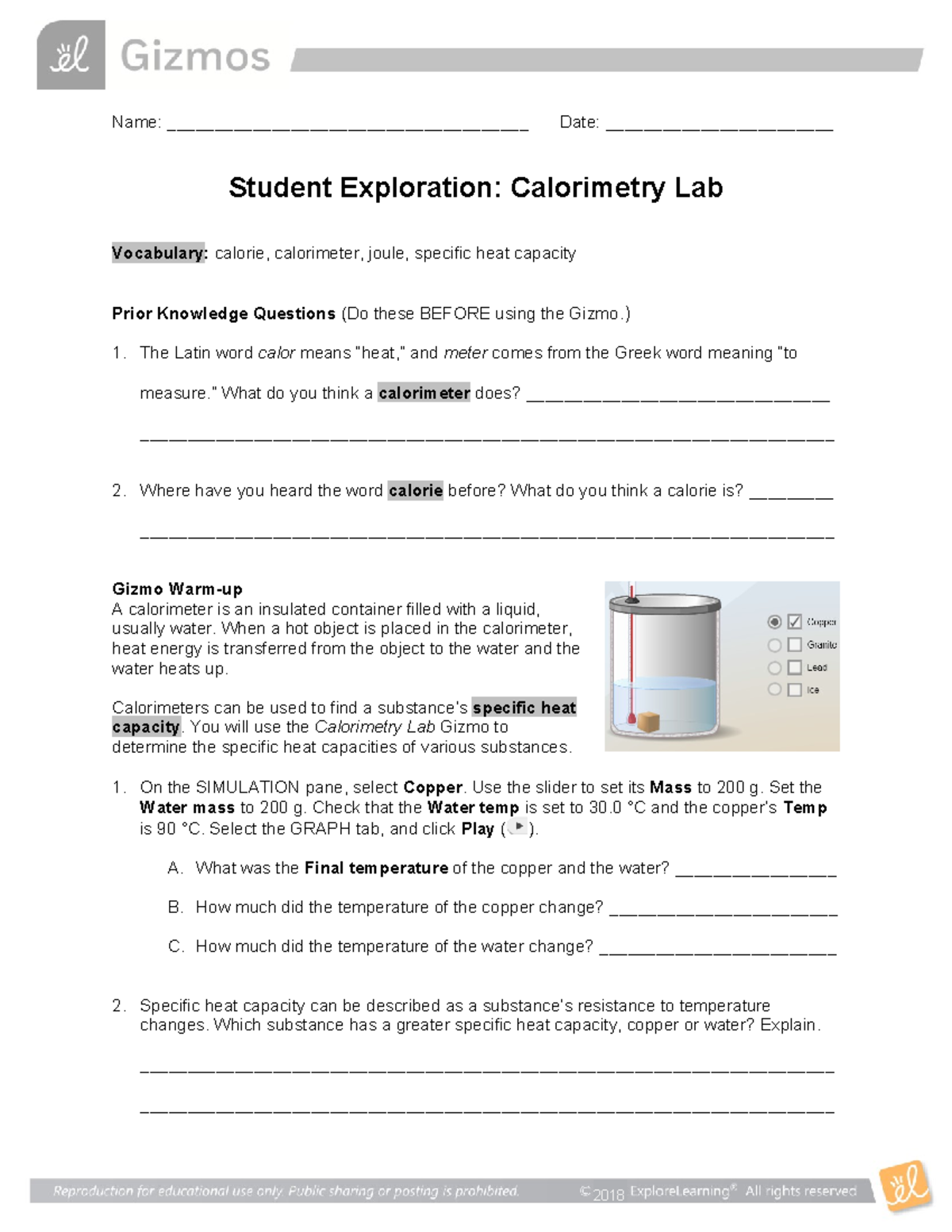 Calorimetry Lab SE: Exploring Heat Transfer & Specific Heat Capacity ...