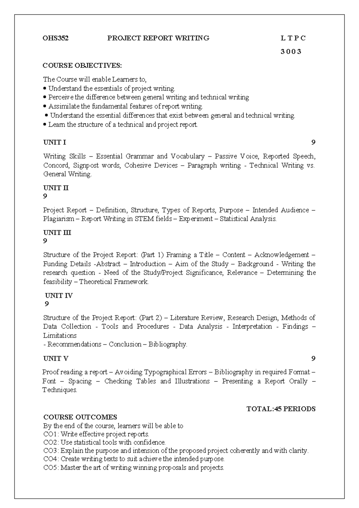 OHS352 Project Report Writing Syllabus LTPC 3003 - Studocu