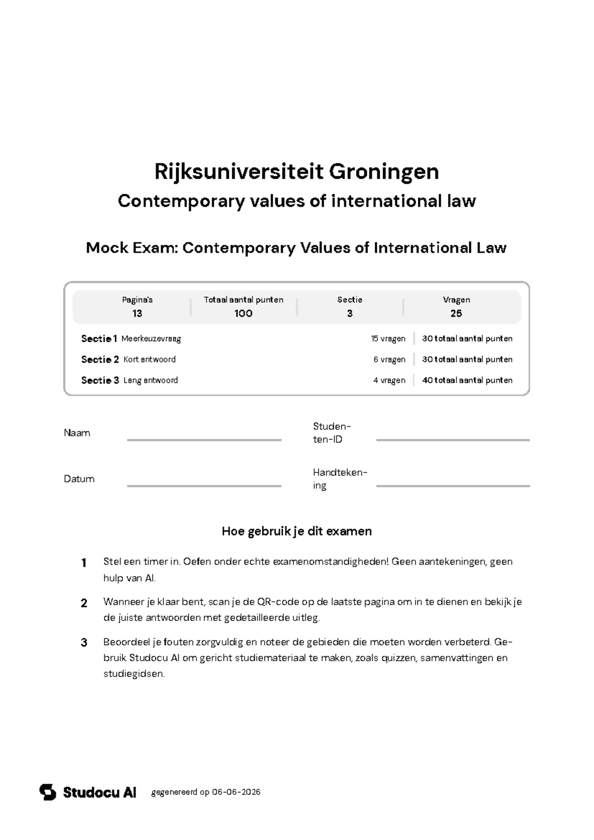 Mock Exam: Contemporary Values of International Law - Studeersnel