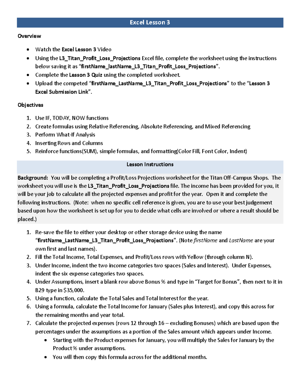 Excel Lesson 3 Instructions (Spring) - Excel Lesson 3 Overview Watch ...