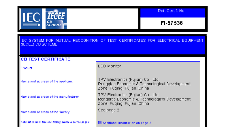 CB Test Certificate for LCD Monitor Model 24G4 - Ref. No ...