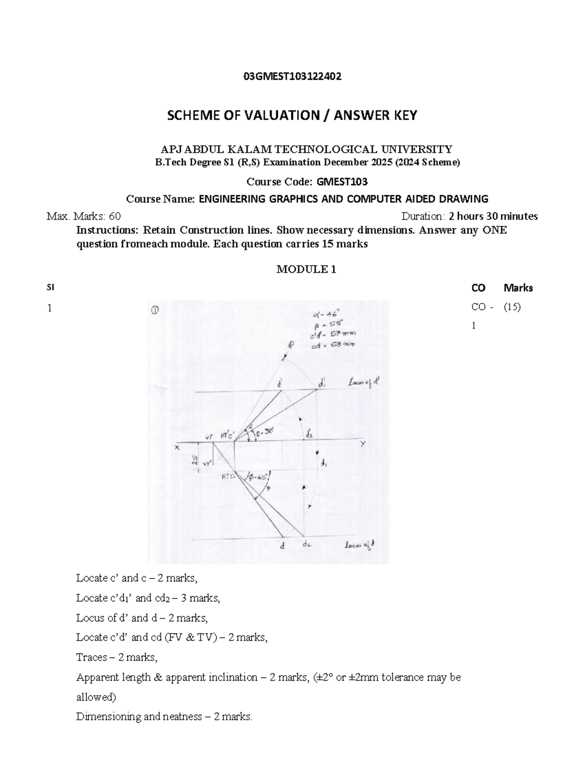 GMEST103 Engineering Graphics & CAD Scheme of Valuation Answer Key ...