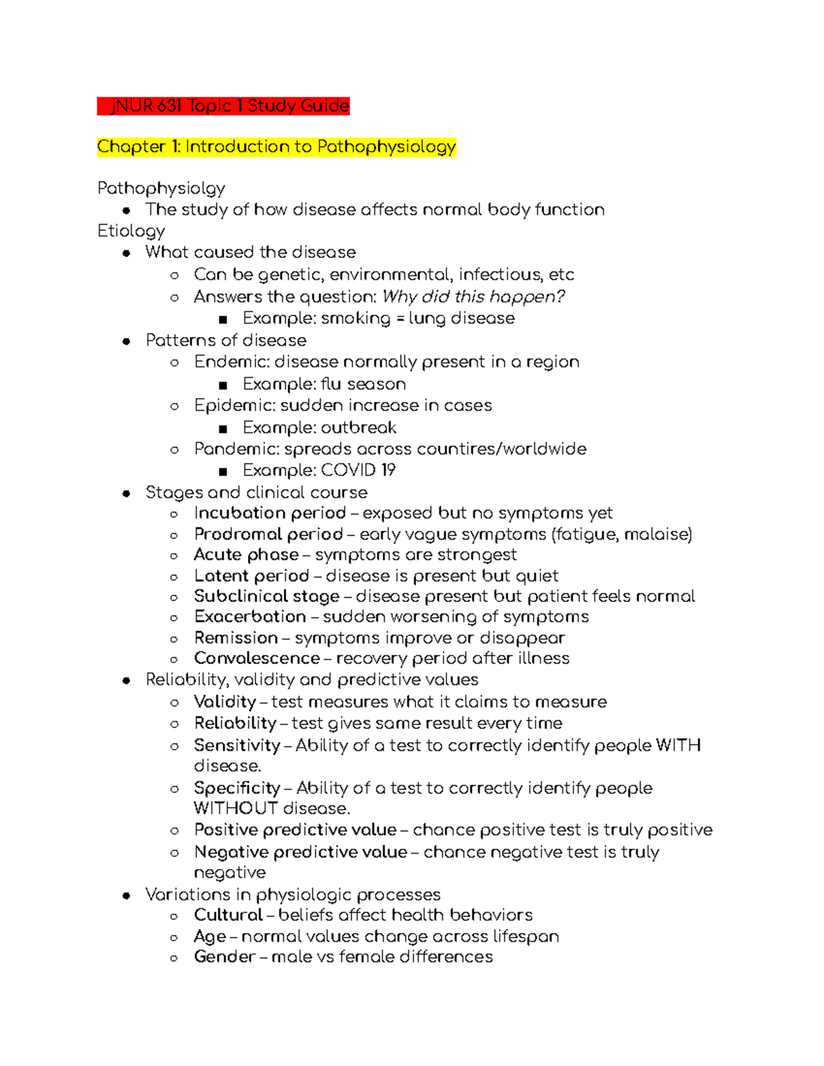 jNUR 631 Study Guide: Pathophysiology & Infectious Processes - Studocu