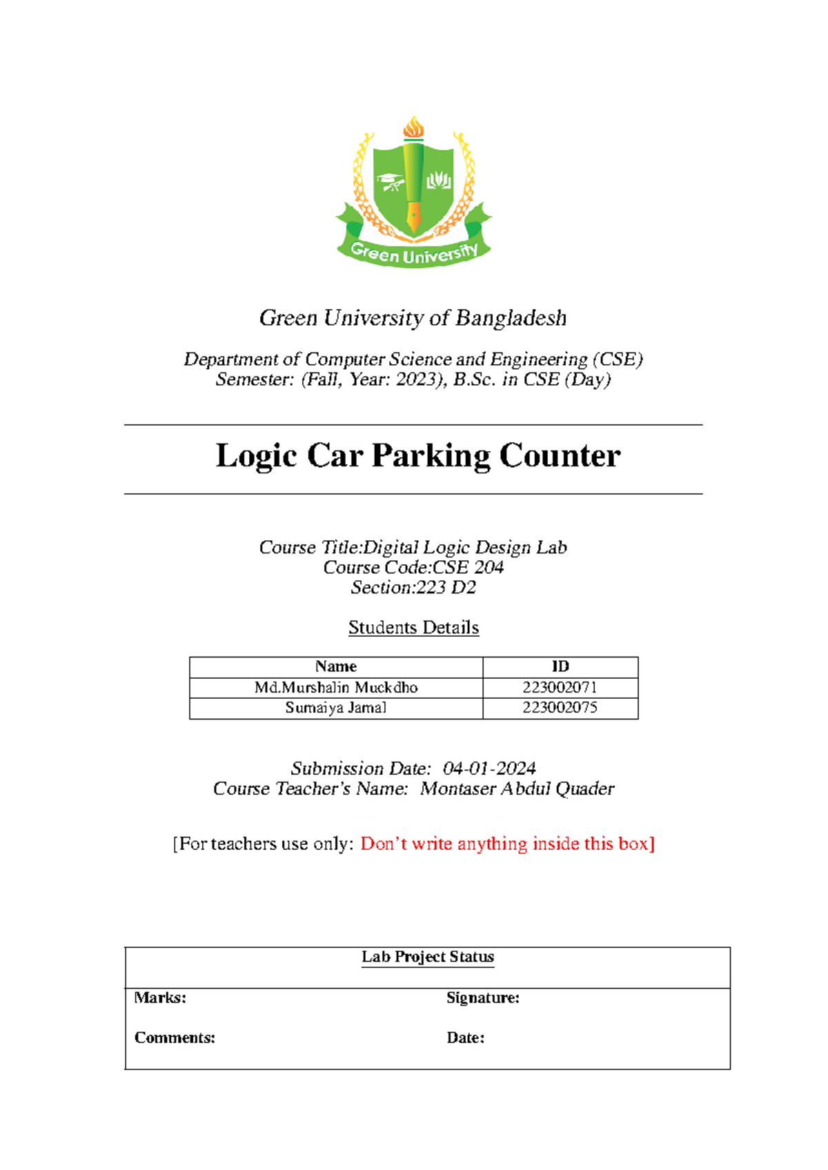 Logic Car Parking Counter Project - CSE 204 Digital Logic Lab - Studocu