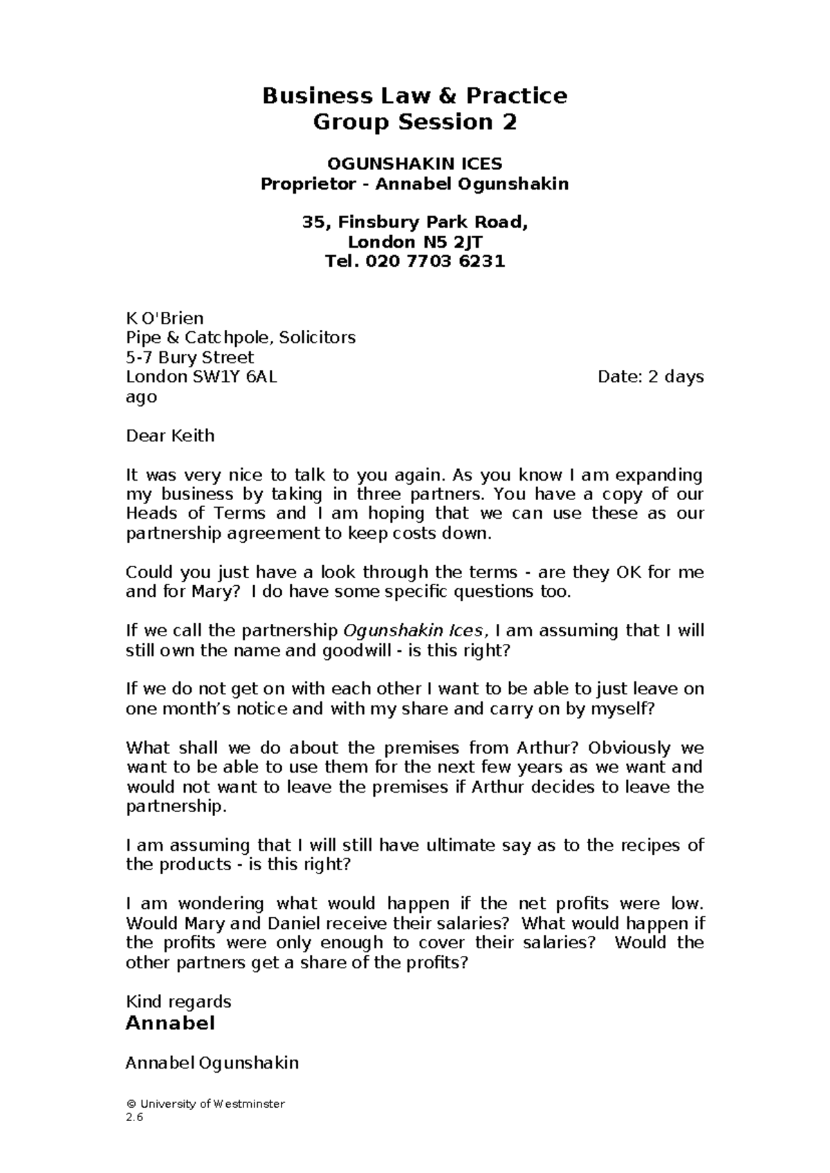 BLP Unit 2: Partnership Agreement Inquiry - Ogunshakin Ices - Studocu