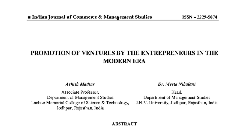 Promotion of Ventures: Entrepreneurial Opportunities in Modern Era ...