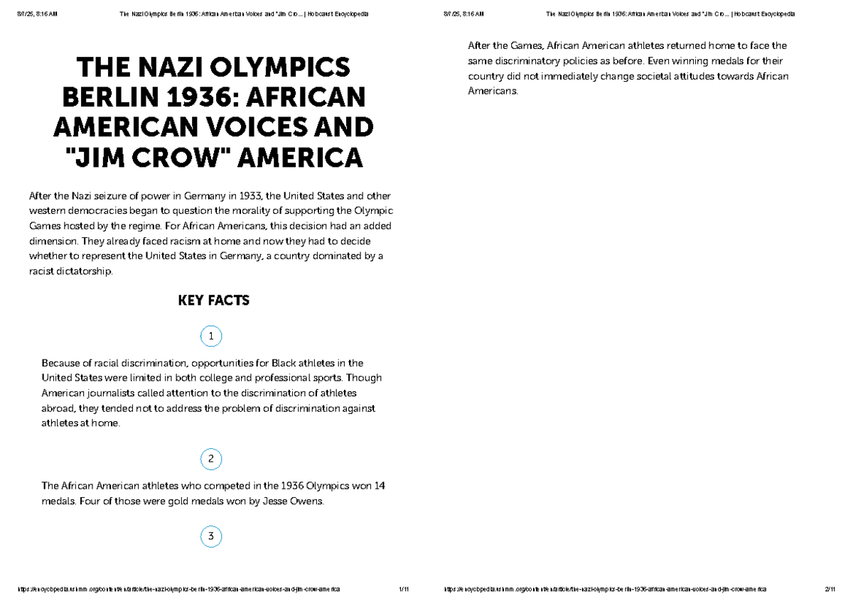The Nazi Olympics Berlin 1936: African American Voices and Impact - Studocu