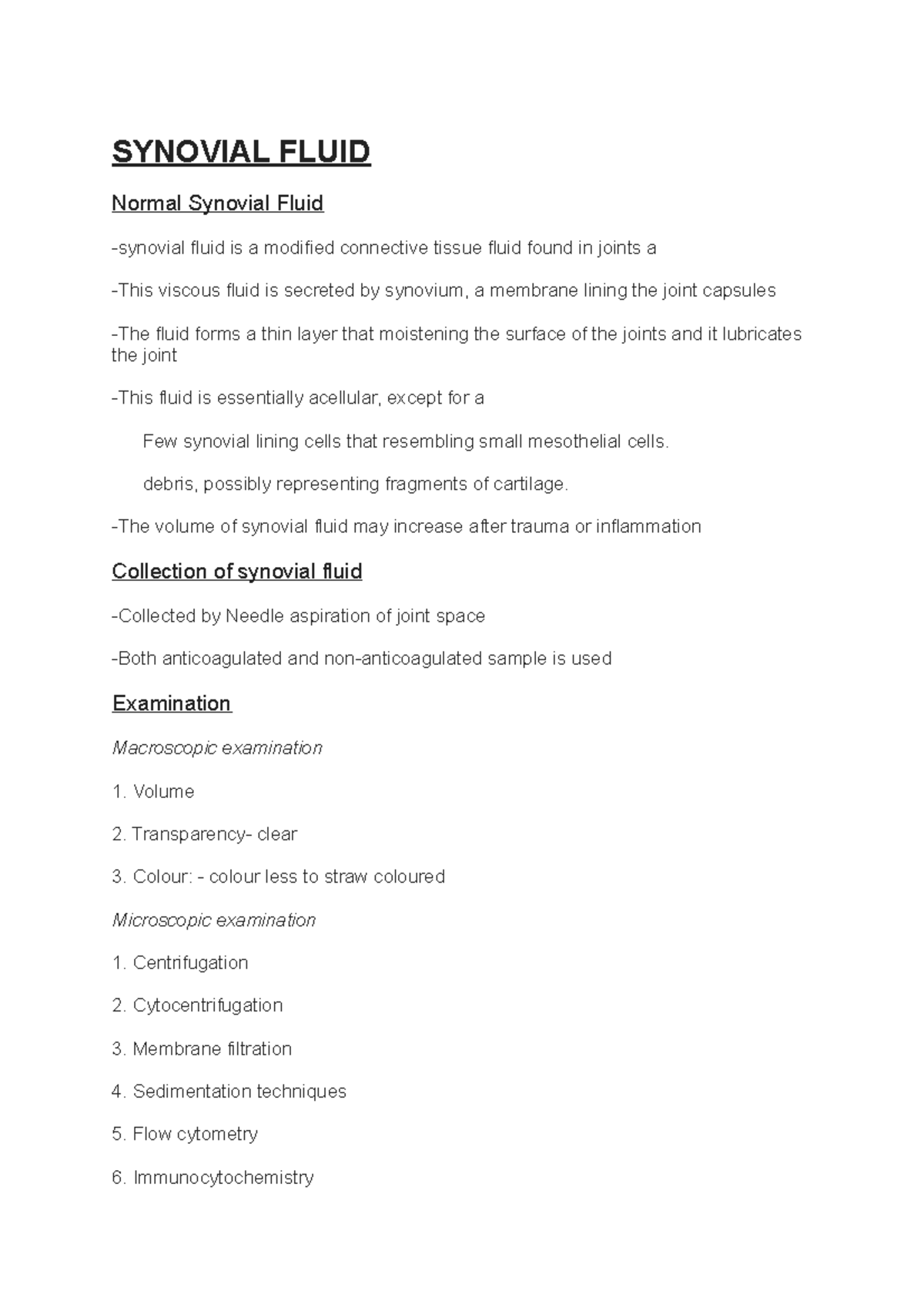 Lecture Notes on Synovial Fluid and Its Clinical Importance - Studocu