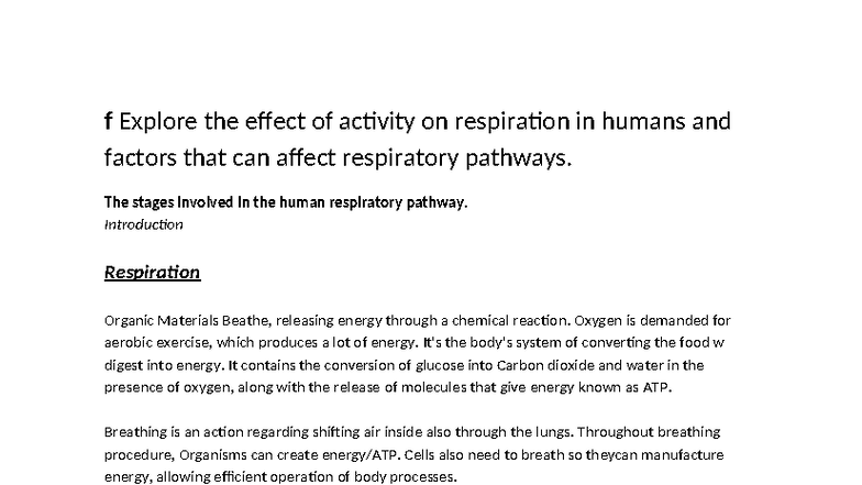 10.B Respiration: Effects of Activity on Human Respiration - Studocu