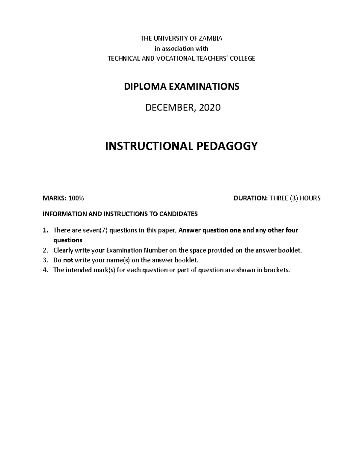 Instructional Pedagogy Diploma Exam 2020 - UNZA & TVTC - Studocu