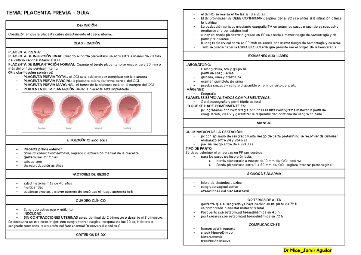 DPP y PP - Resumen de conceptos, factores de riesgo y manejo - TEMA: PLACENTA PREVIA - GUIA ...