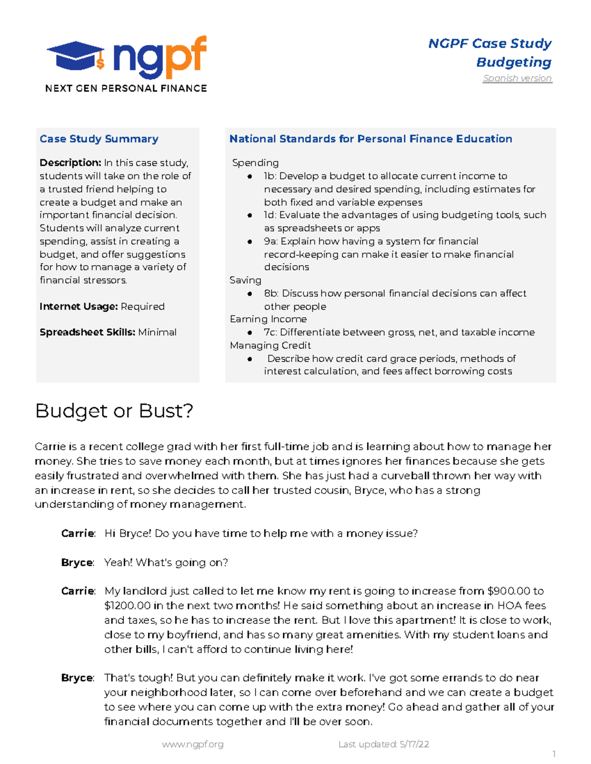 Case Study: Budgeting Strategies in CS - "Budget or Bust" - Studocu
