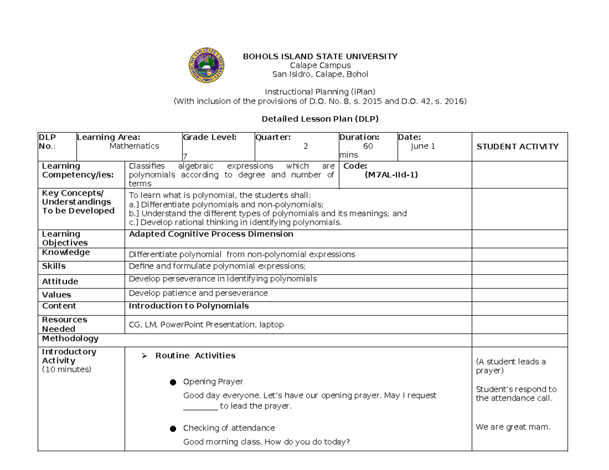 Detailed Lesson Plan on Polynomials for Grade 7 Math (M7AL-IId-1) - Studocu