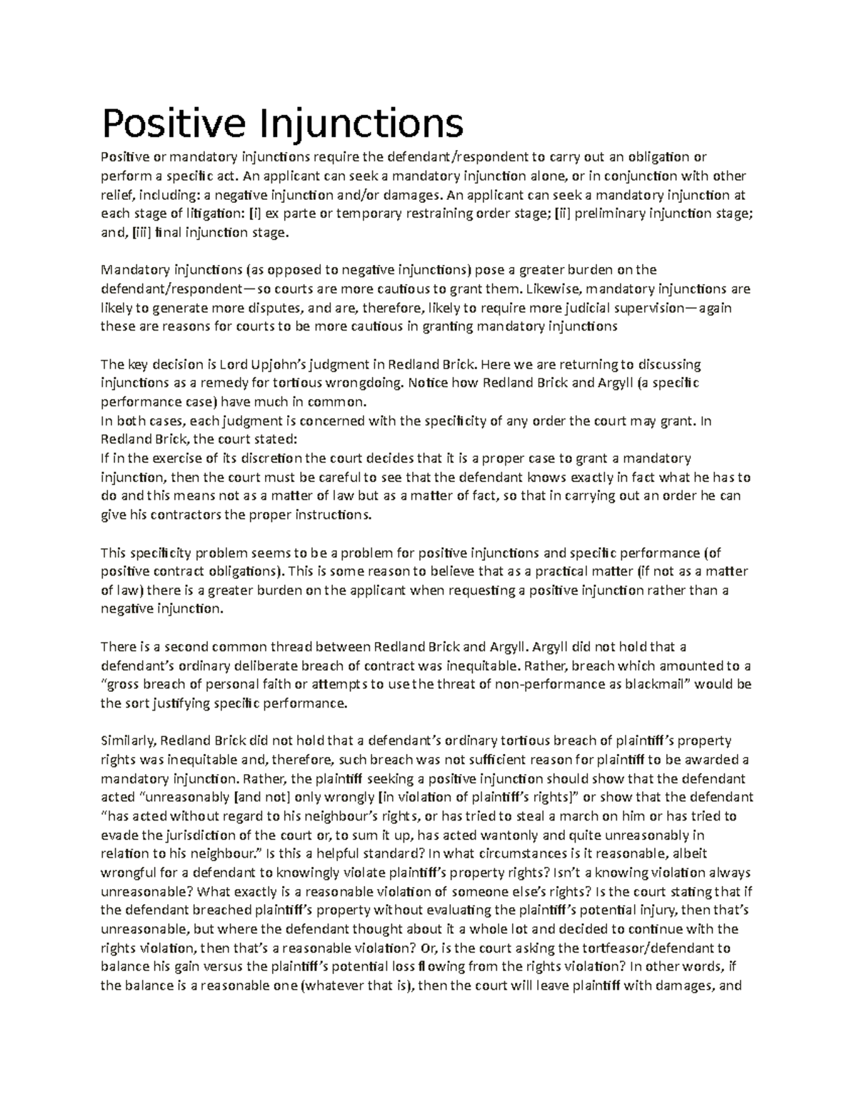 Mandatory Injunctions: Key Principles and Judicial Standards - Studocu