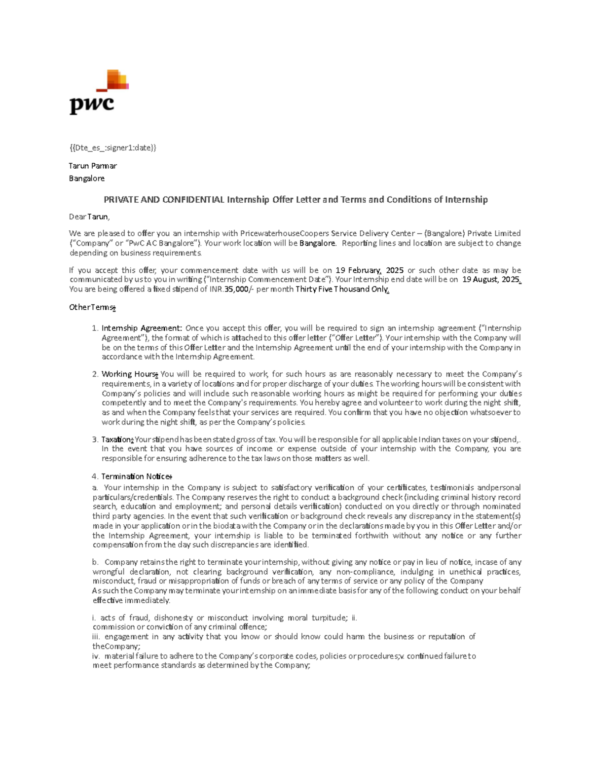 PwC AC Bangalore Internship Offer Letter & Terms (Feb 2025 - Aug 2025 ...