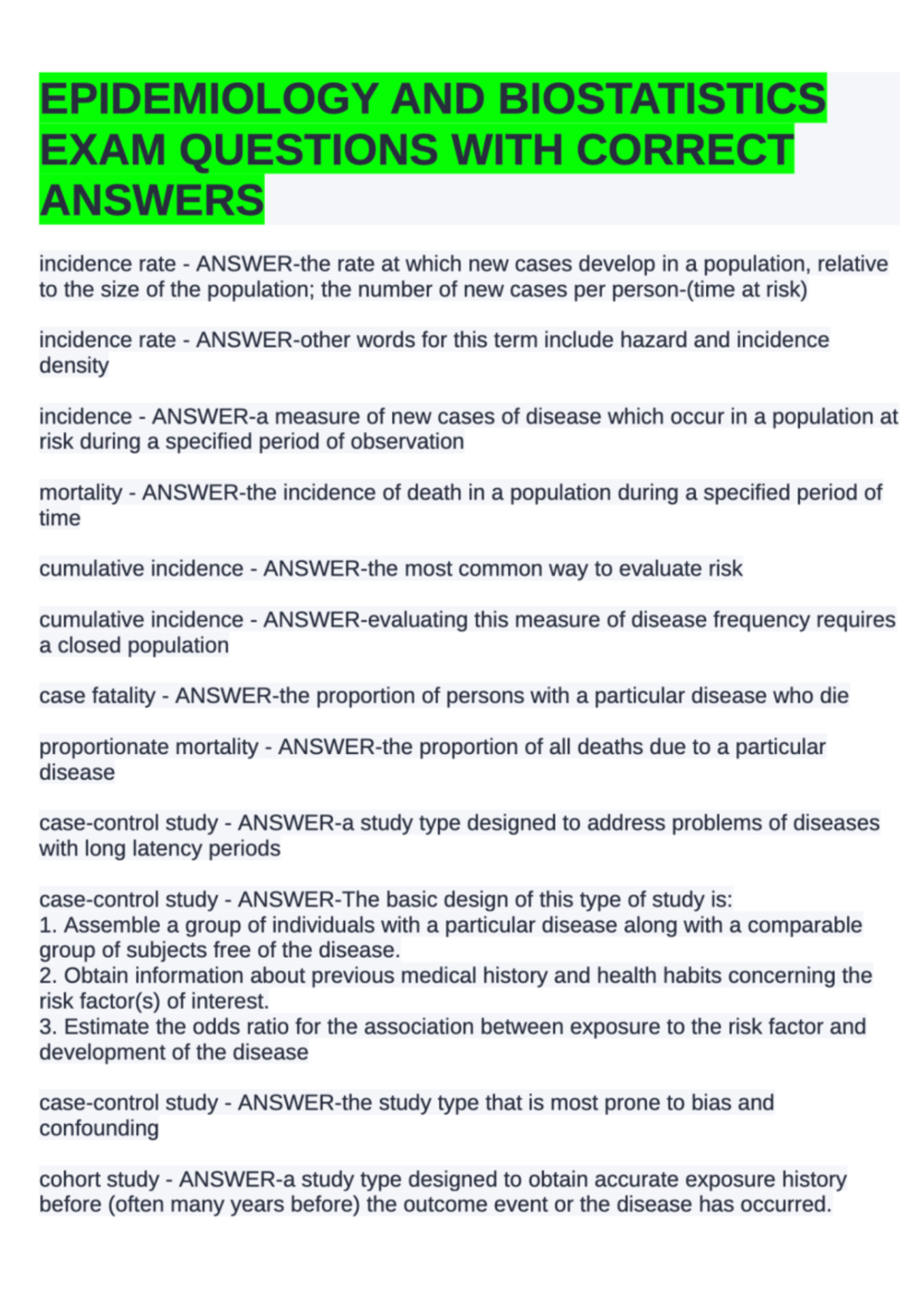Epidemiology in class - EPIDEMIOLOGY AND BIOSTATISTICS EXAM QUESTIONS ...