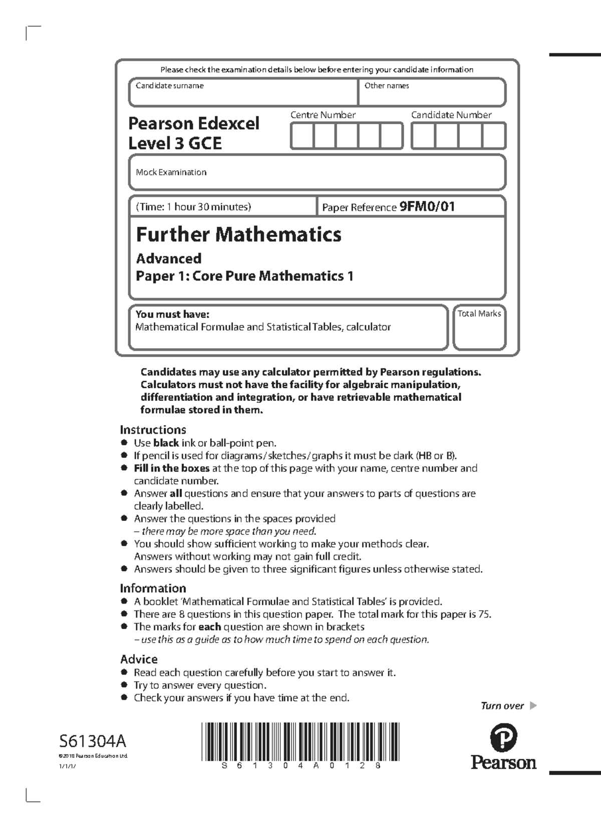 Core Pure Mathematics 1 (9FM0-01) Mock Exam Paper - Studocu
