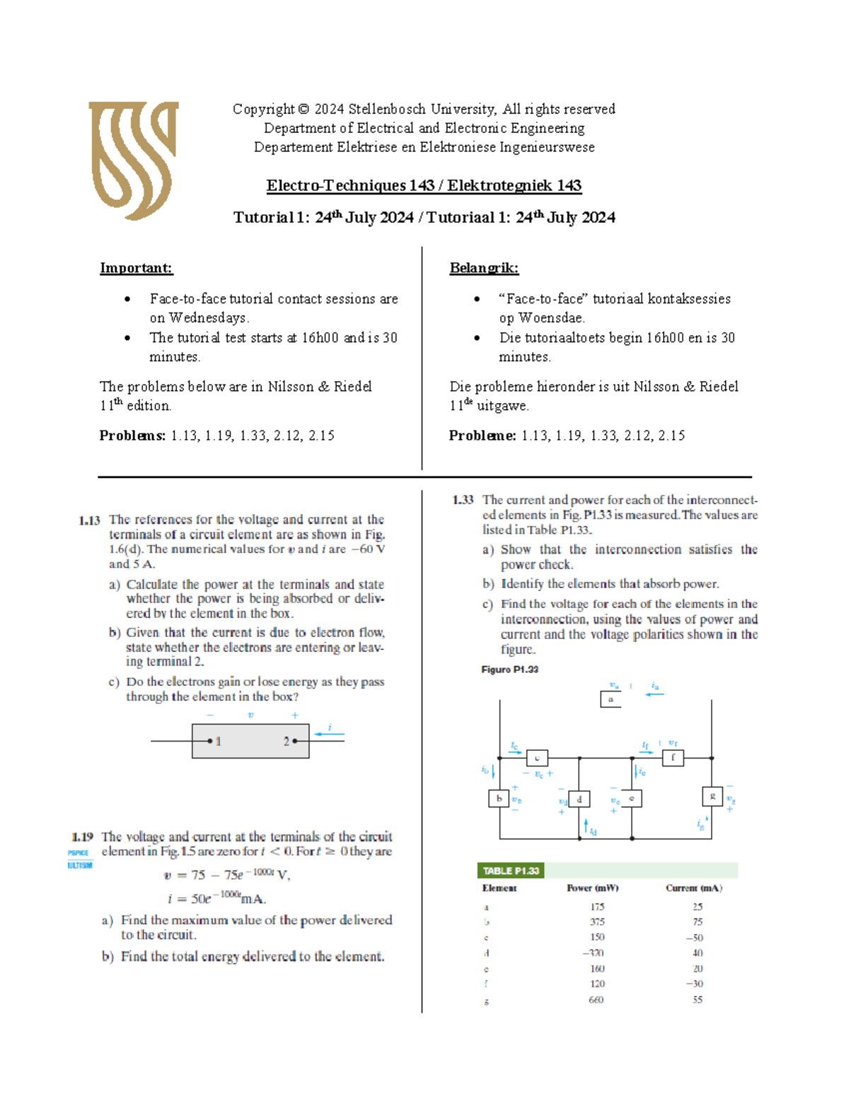 Tutorial 1 ET 143 - Copyright © 2024 Stellenbosch University, All rights reserved Department of ...