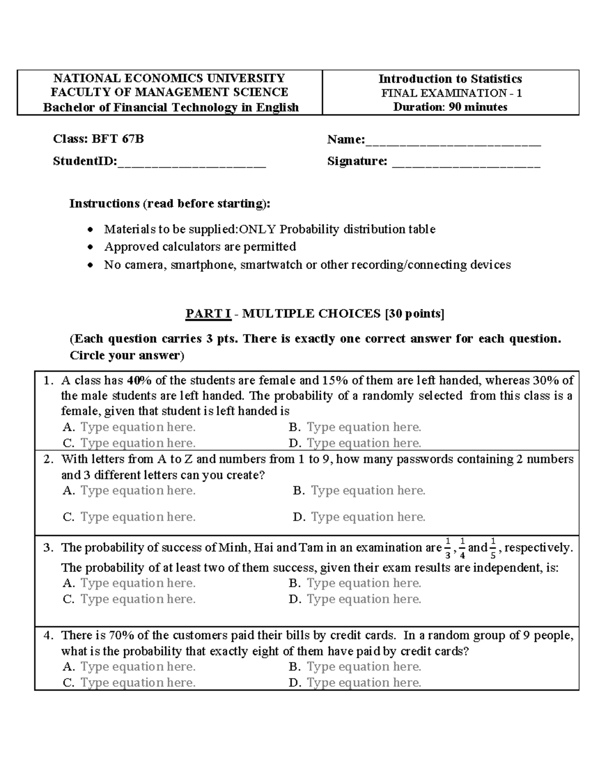 Final Exam: Probability & Statistics for BFT 67B - Studocu