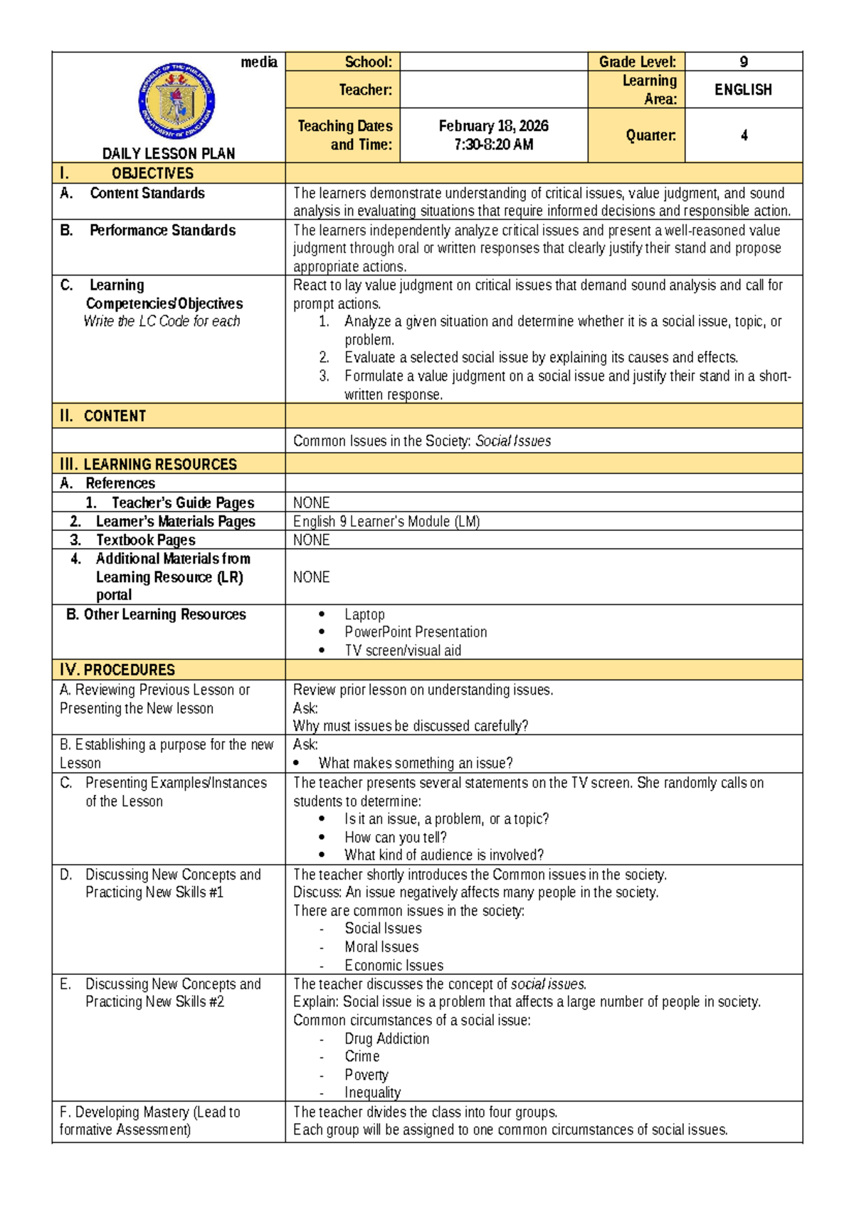 ENGL 9 Daily Lesson Plan on Social Issues - February 18, 2026 - Studocu