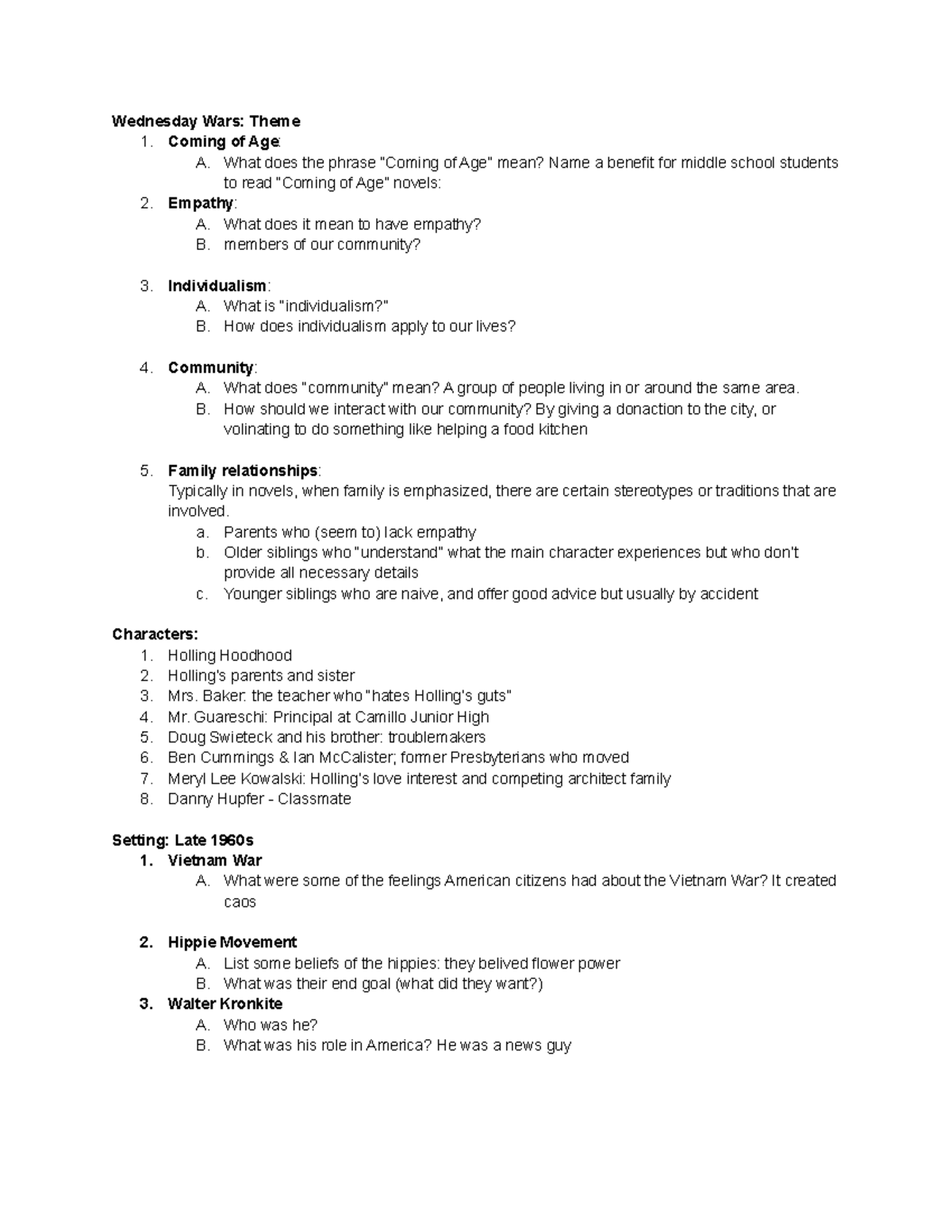 Wednesday Wars: Themes and Characters Analysis for Literature Study ...