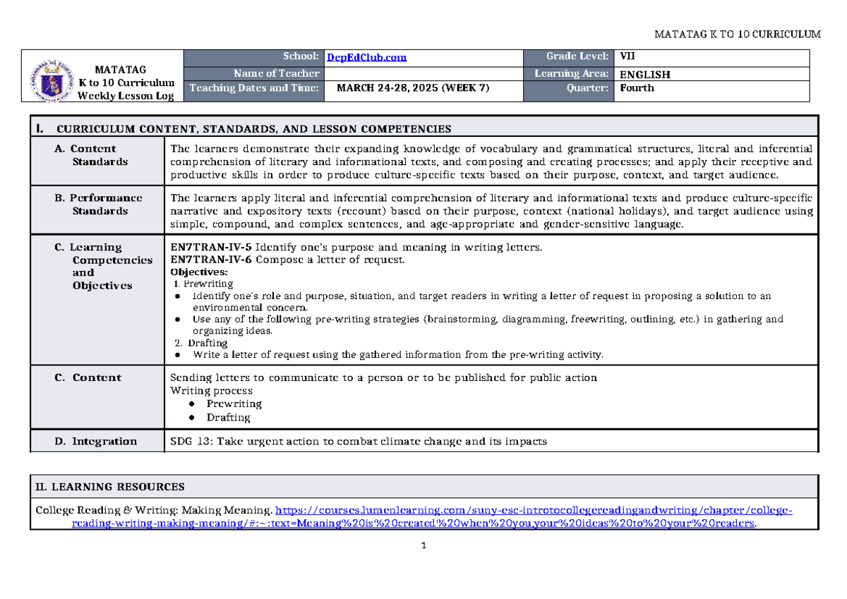 DLL Matatag K to 10 English 7 Q4 W7: Writing Request Letters - Studocu