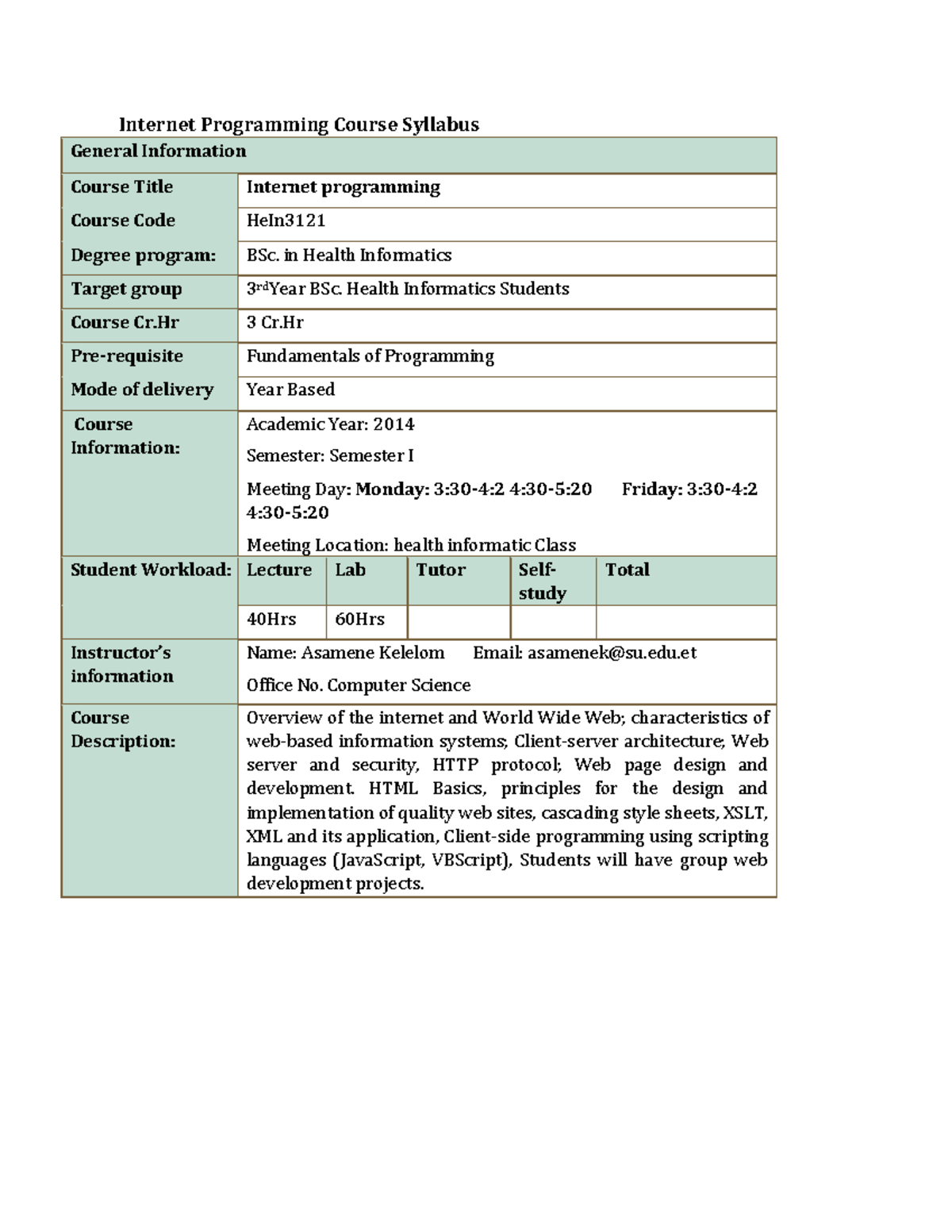 HeIn Internet Programming Course Syllabus for BSc Health Informatics - Studocu