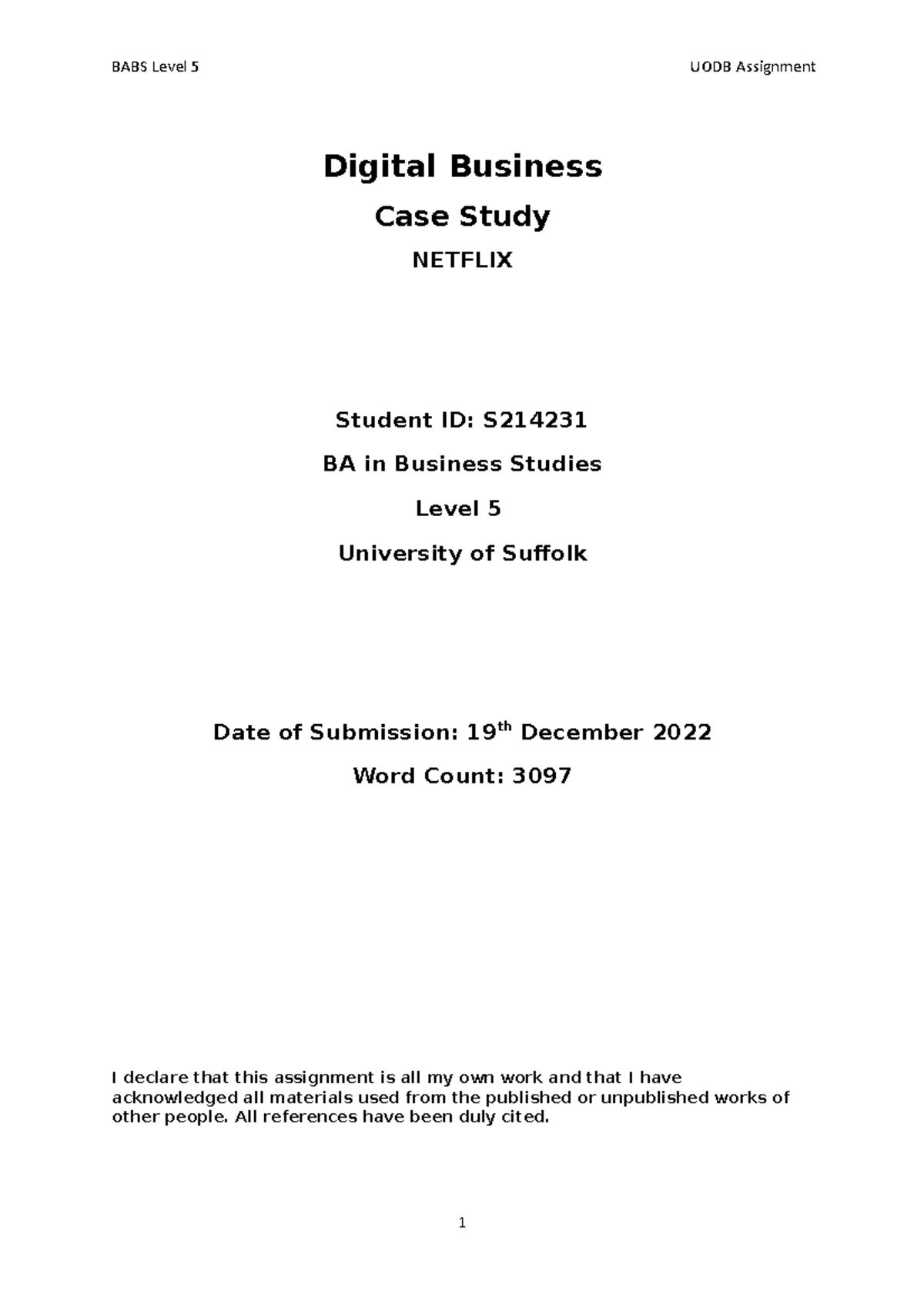 Digital Business Case Study: Insights from Netflix for BA5012 - Studocu