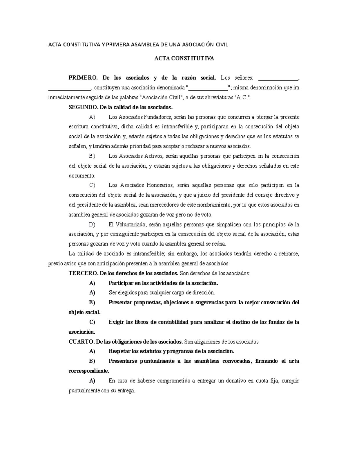 ACTA Constitutiva Y Primera Asamblea DE UNA Asociaci‡N Civil - ACTA CONSTITUTIVA Y PRIMERA ...
