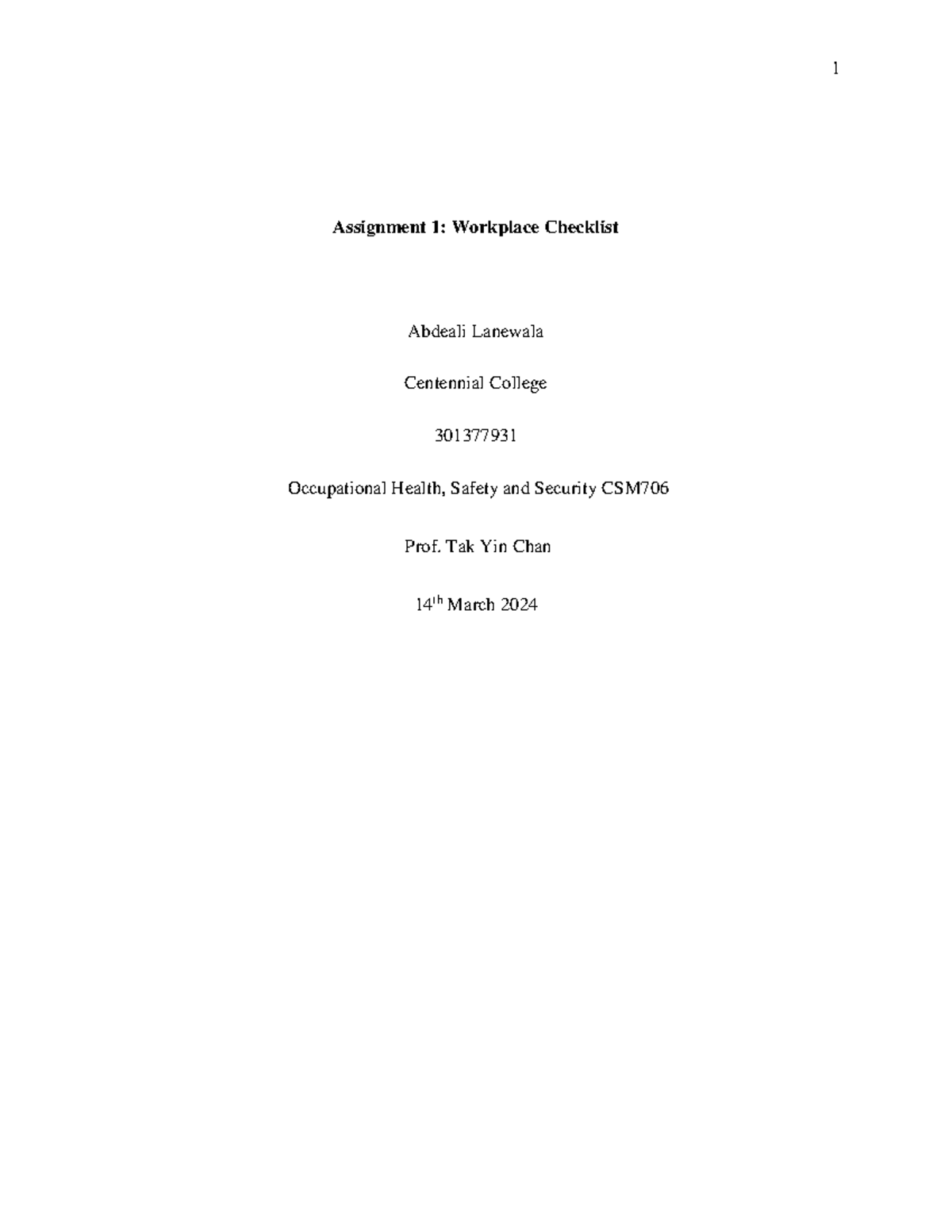 OHS CSM 706 - Assignment 1: Workplace Safety Checklist - Studocu