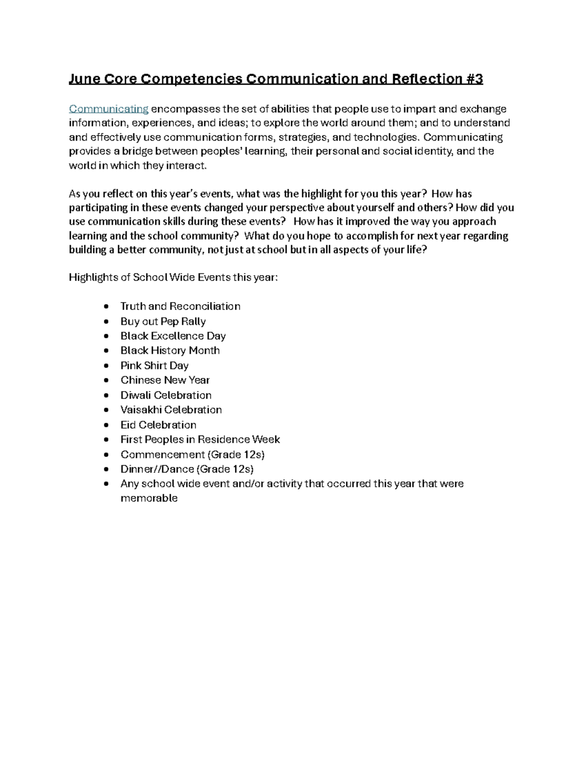 June Core Competencies: Communication & Reflection Insights - Studocu