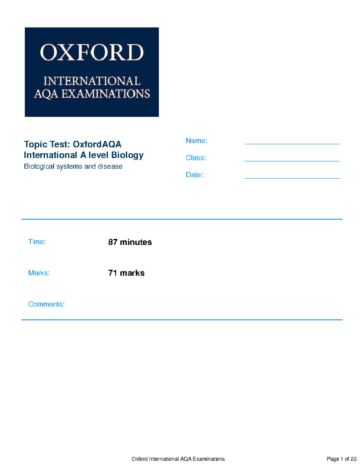 Topic Test: OxfordAQA Int A Level Biology - Biological Systems ...
