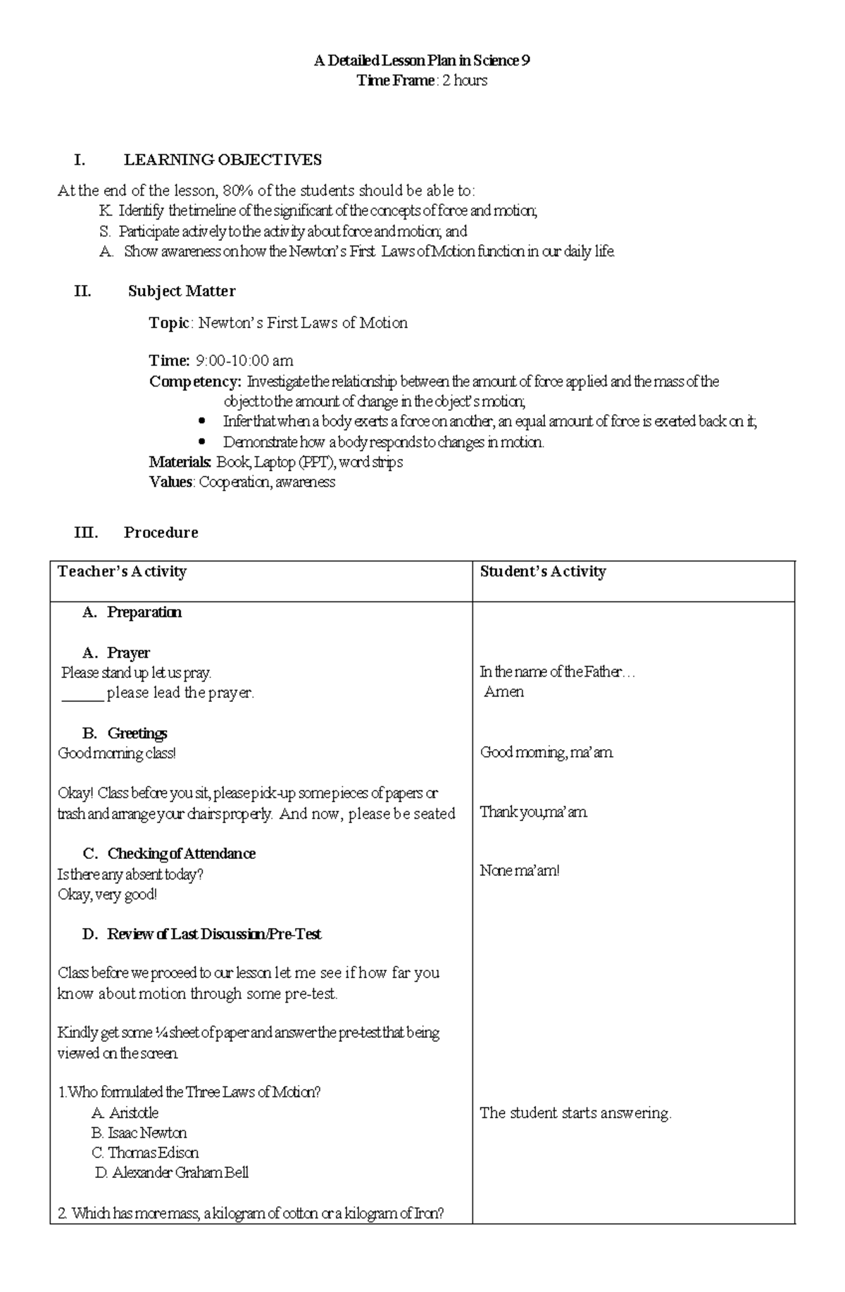 Detailed Lesson Plan: Newton's 1st Law of Motion (Science 9) - Studocu