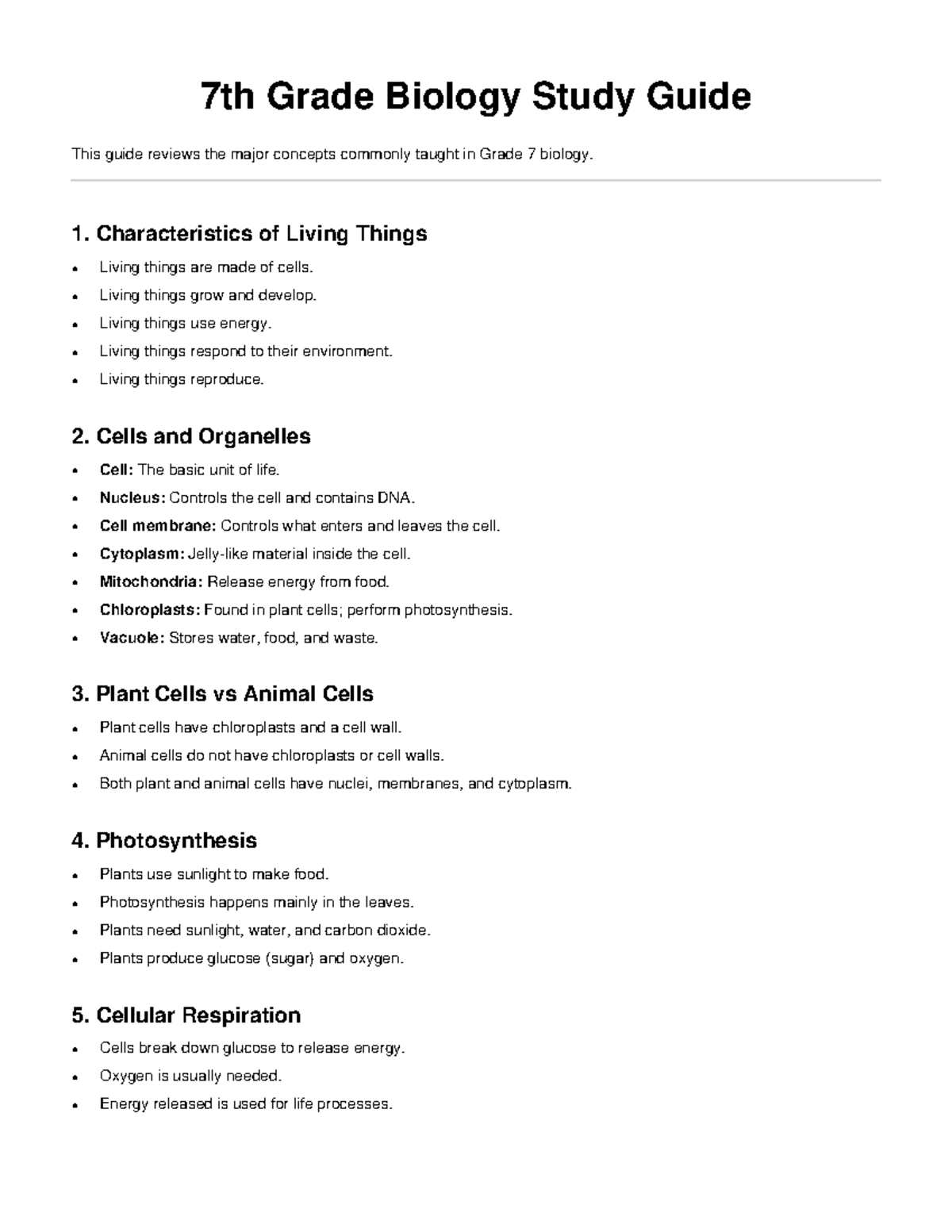 7th Grade Biology Study Guide: Key Concepts and Vocabulary - Studocu