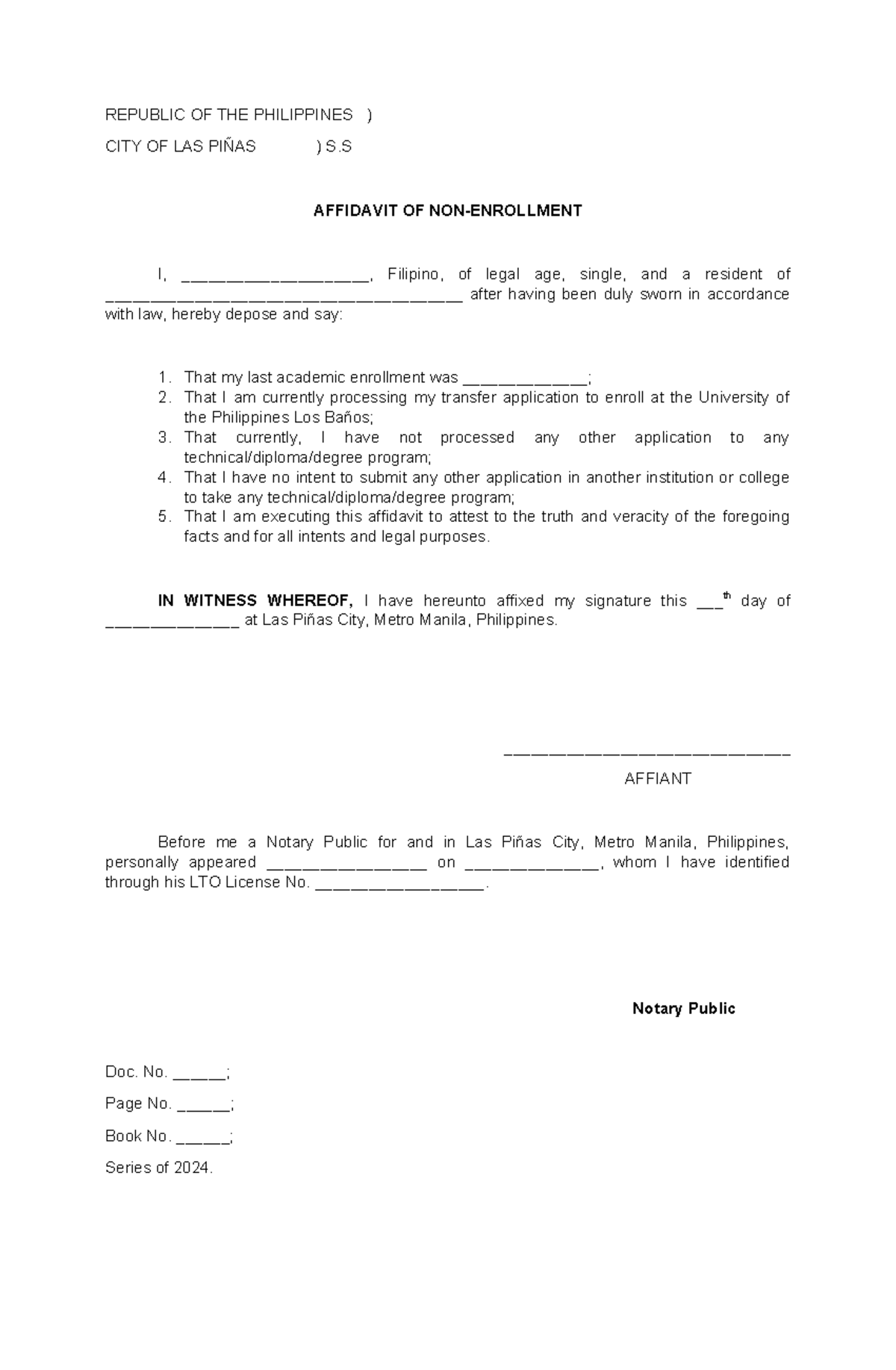 Affidavit of Non-Enrollment Template - Legal Document - Studocu