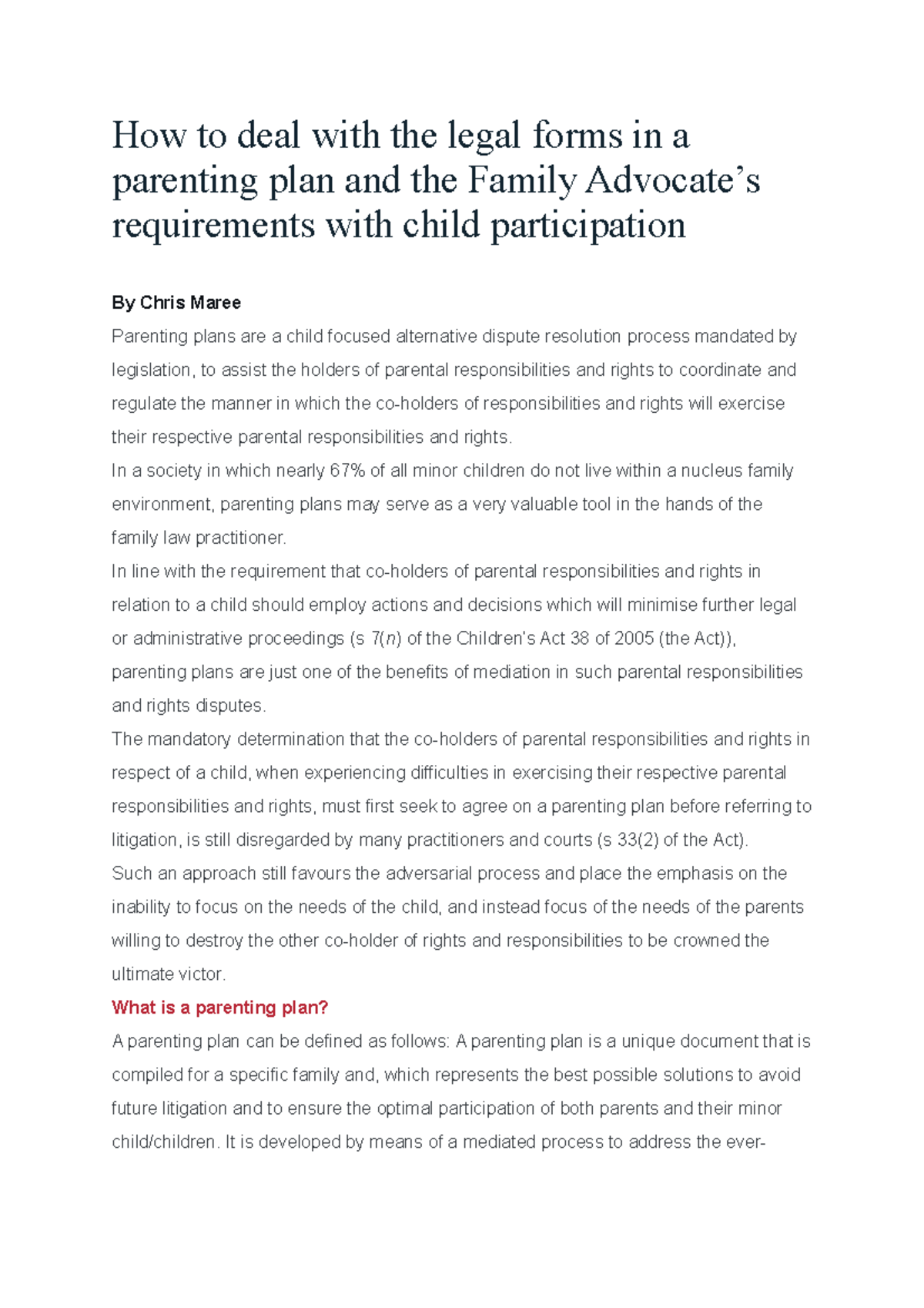 Navigating Legal Forms in Parenting Plans: A Guide for Family Advocates ...