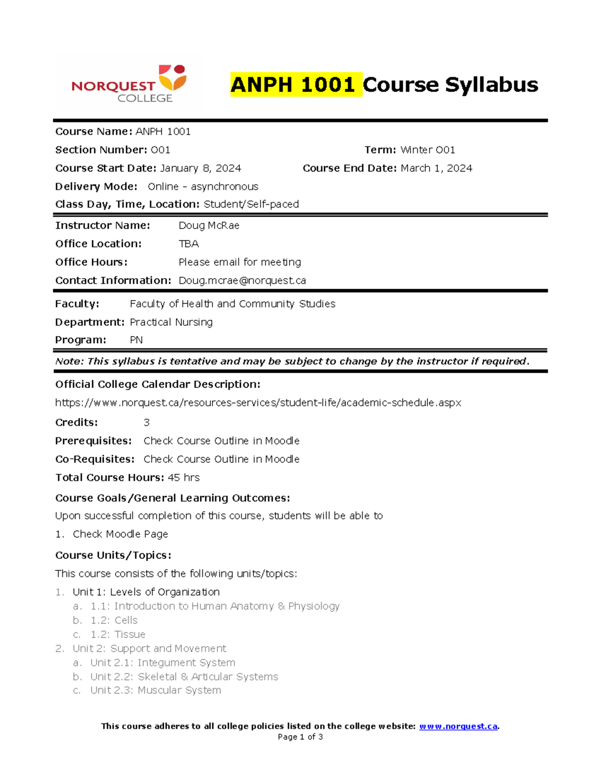 OO1 ANPH 1001 Winter 2024 Course Syllabus and Schedule - Studocu