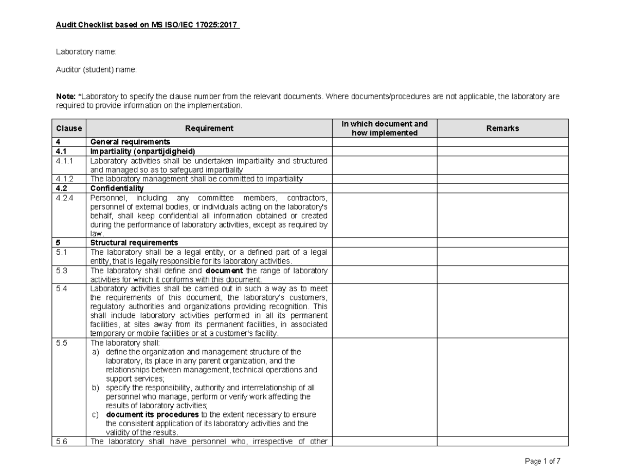 Checklist-ISO-IEC-17025-2017 english student - Audit Checklist based on ...