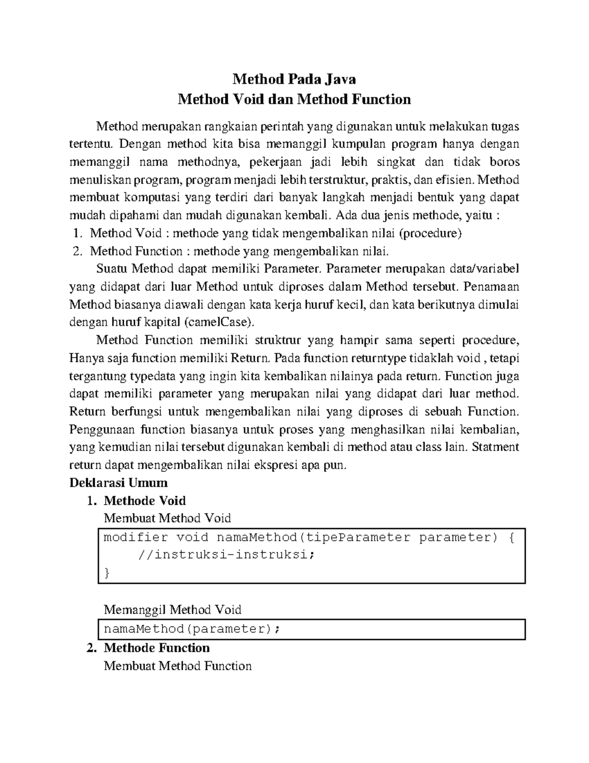 Methode pada Java: Method Void dan Function Explained - Studocu