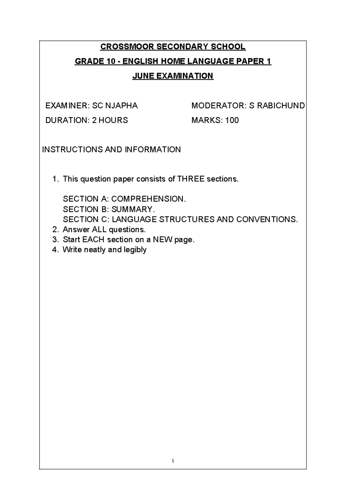 CROSSMOOR SECONDARY SCHOOL GRADE 10 ENGLISH HL PAPER 1 JUNE EXAM 2023 ...