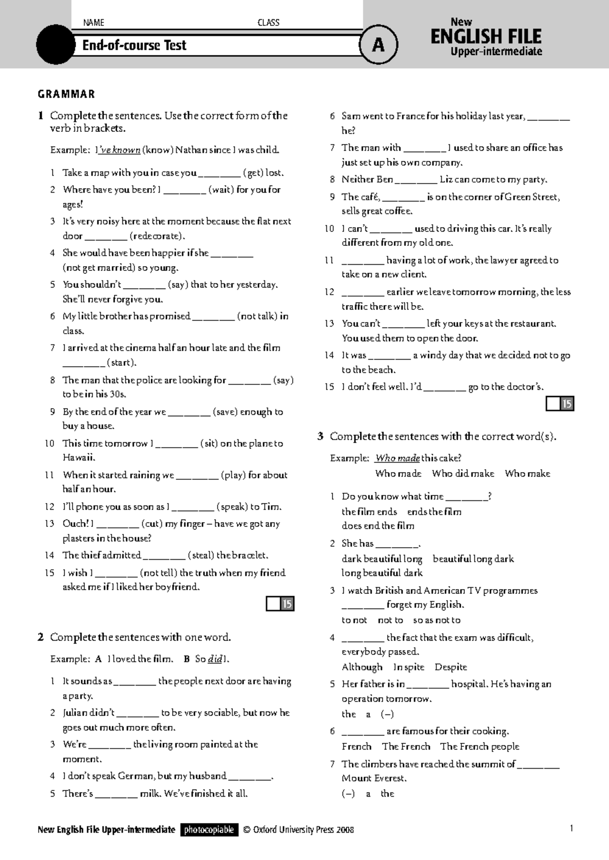 New English File Upper Intermediate A Test - Grammar & Vocabulary - Studocu